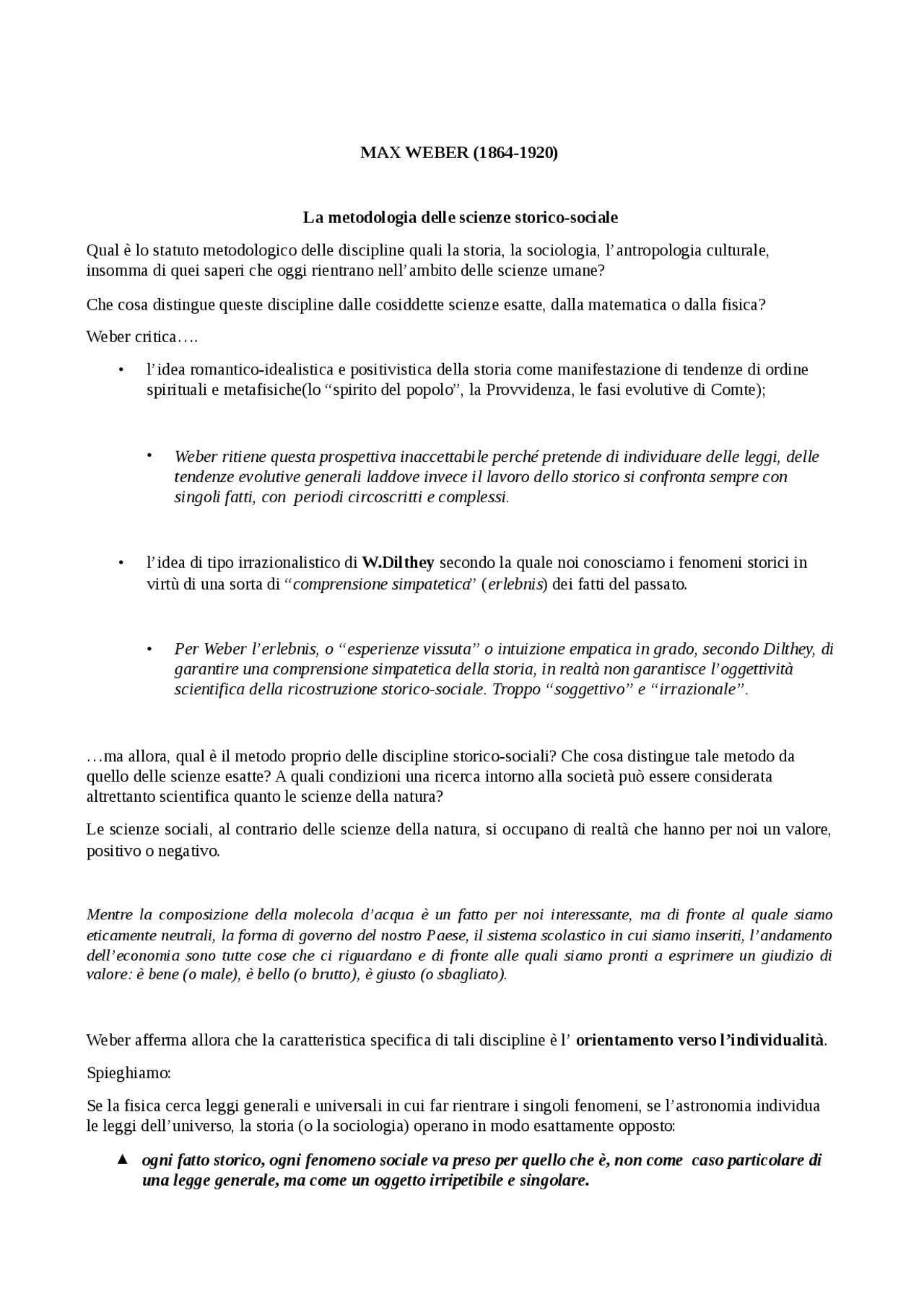 Max Weber E La Metodologia Delle Scienze Storico Sociali Docsity