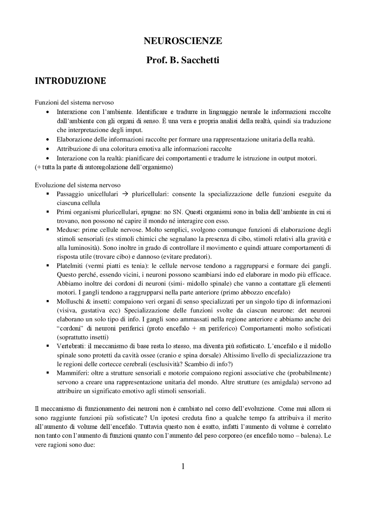 Appunti Corso Di Neuroscienze A Prof Sacchetti Docsity