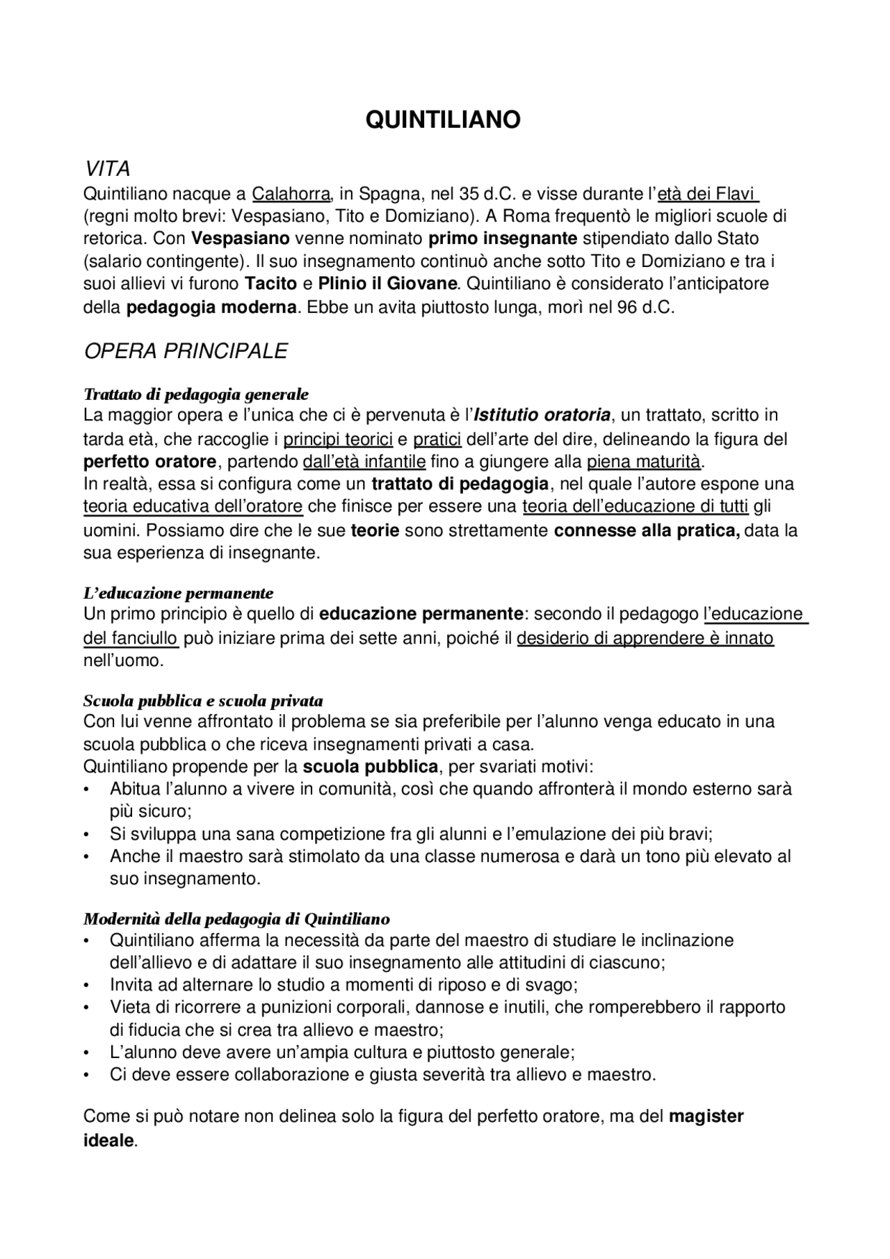 Quintiliano Vita Opere E Scrittura Docsity