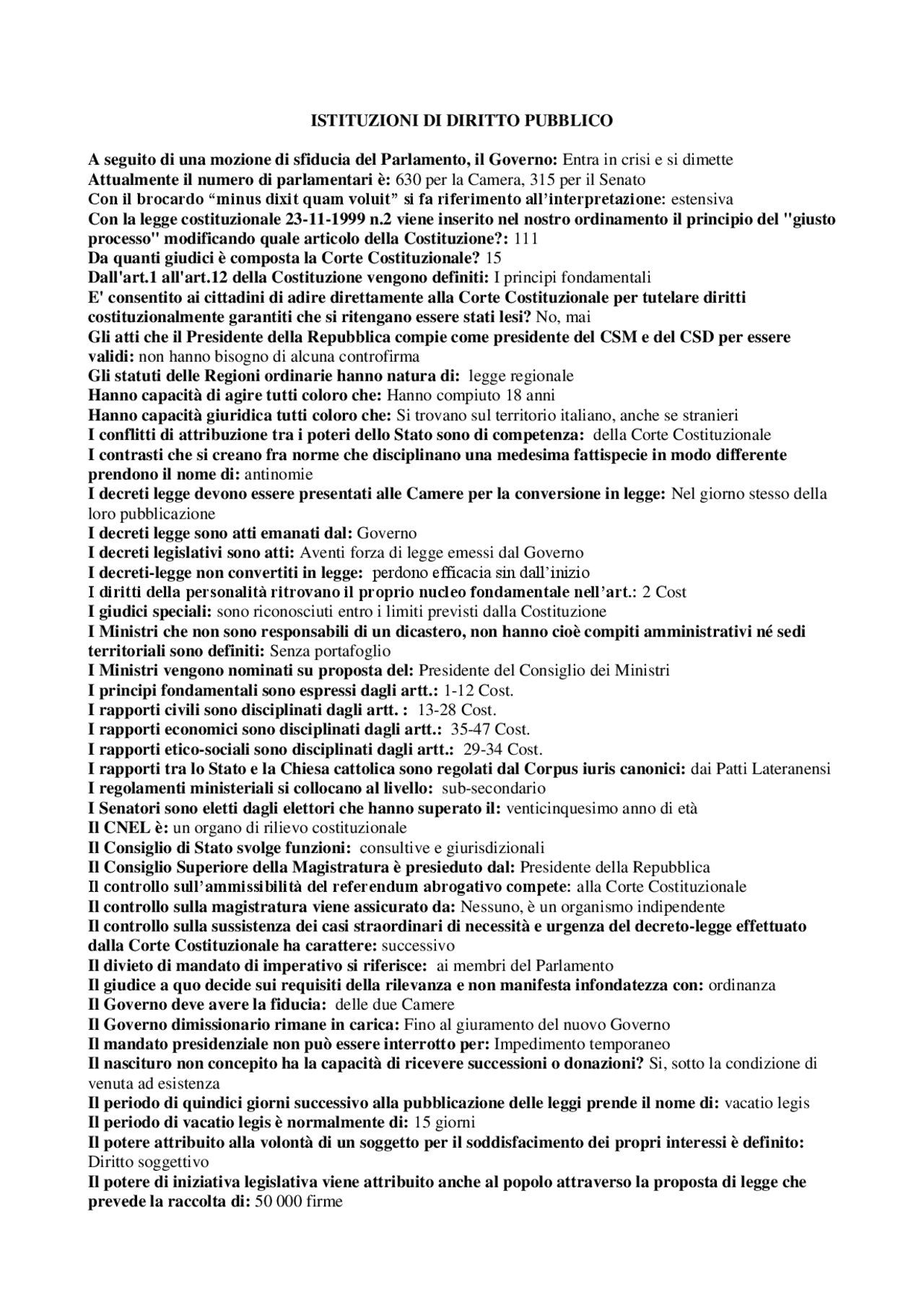 Test Istituzioni Di Diritto Pubblico Docsity