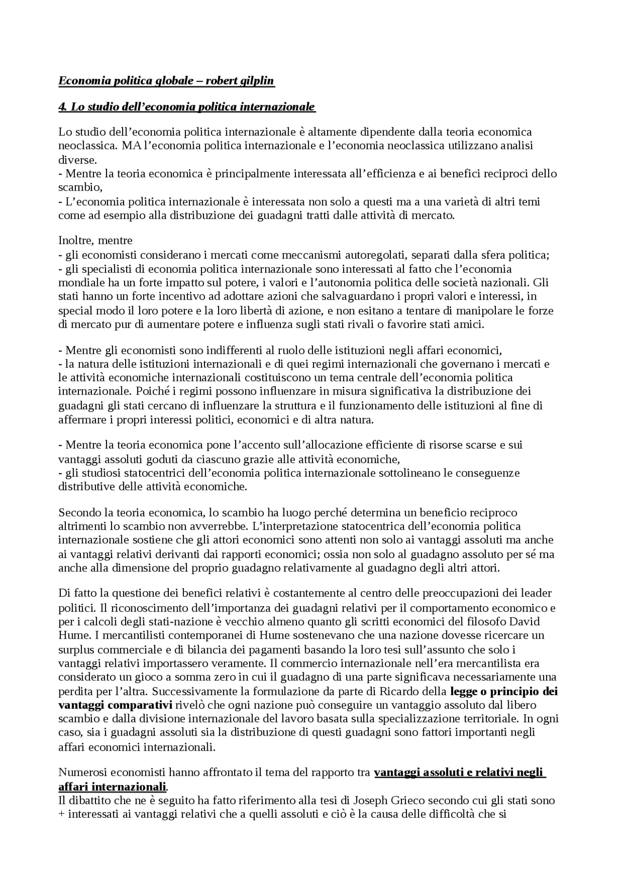 ROBERT GILPIN – ECONOMIA POLITICA GLOBALE - Docsity
