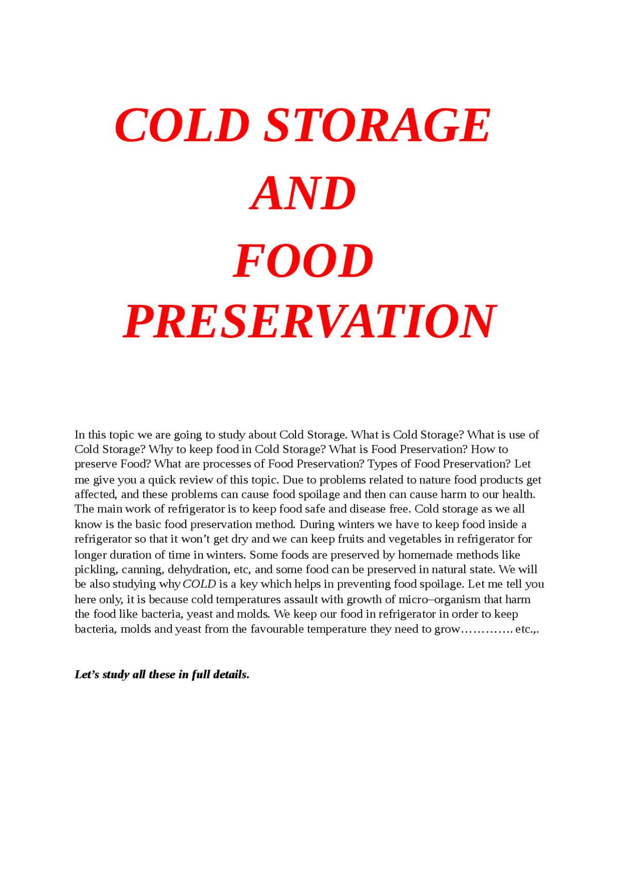 Cold Storage & Food Preservation | Study Guides, Projects, Research ...