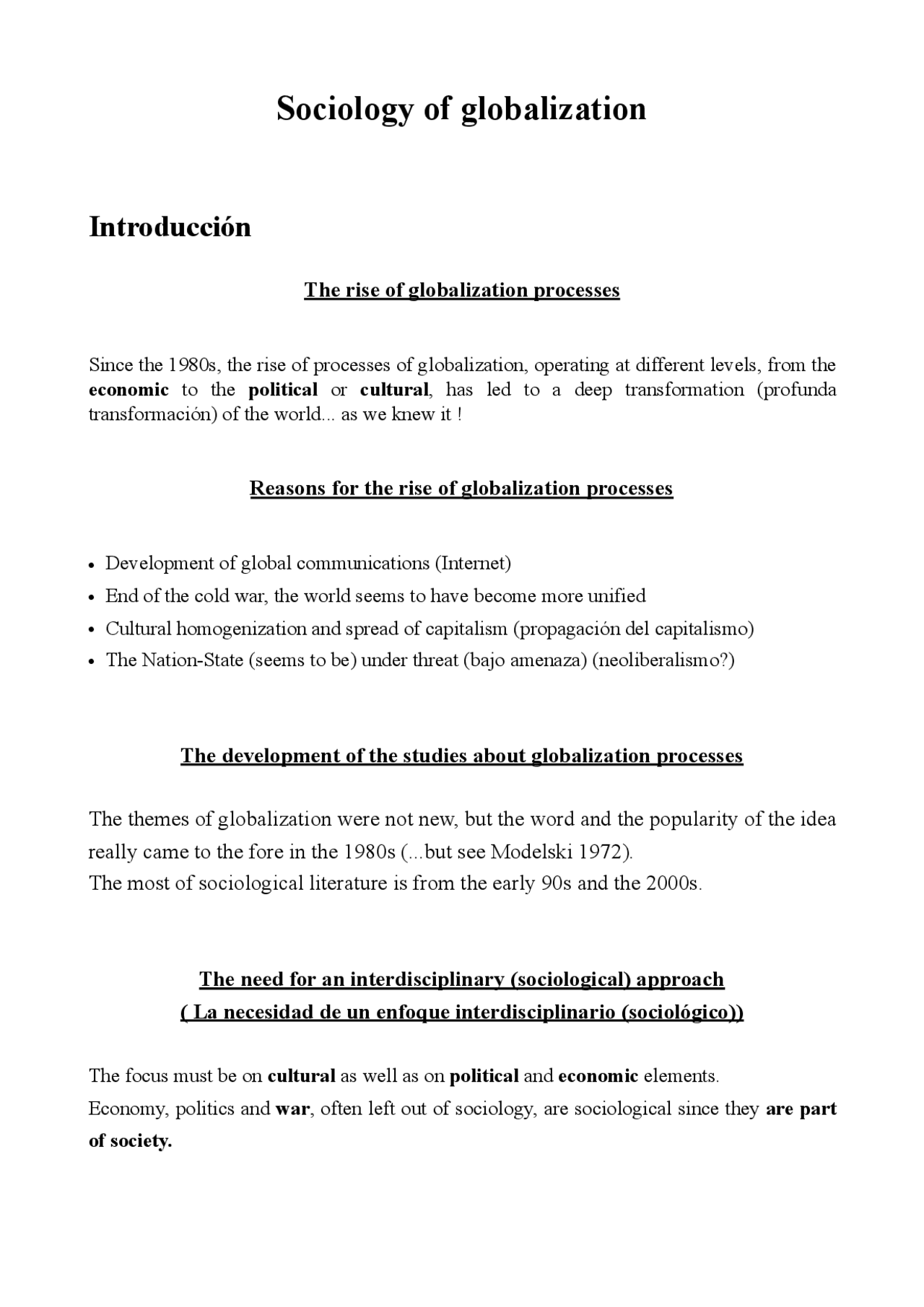 Sociology Globalization Docsity