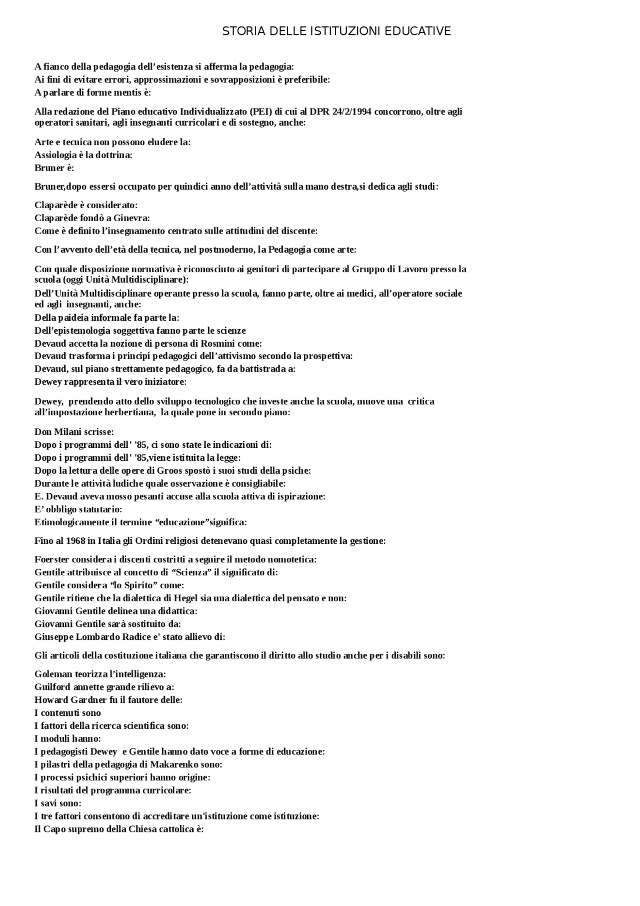 Test Di Autovalutazione Storia Delle Istituzioni Educative Prove D
