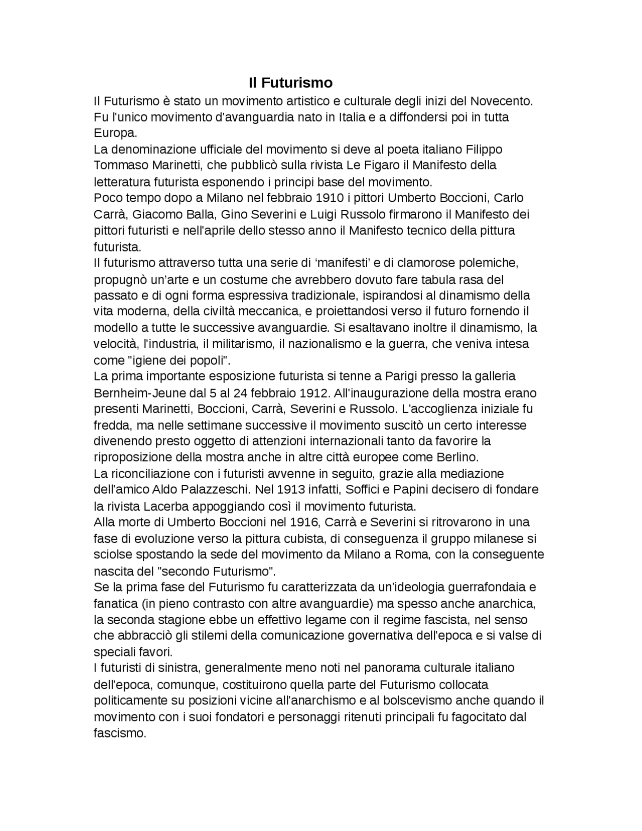 Futurismo E Filippo Tommaso Marinetti Docsity