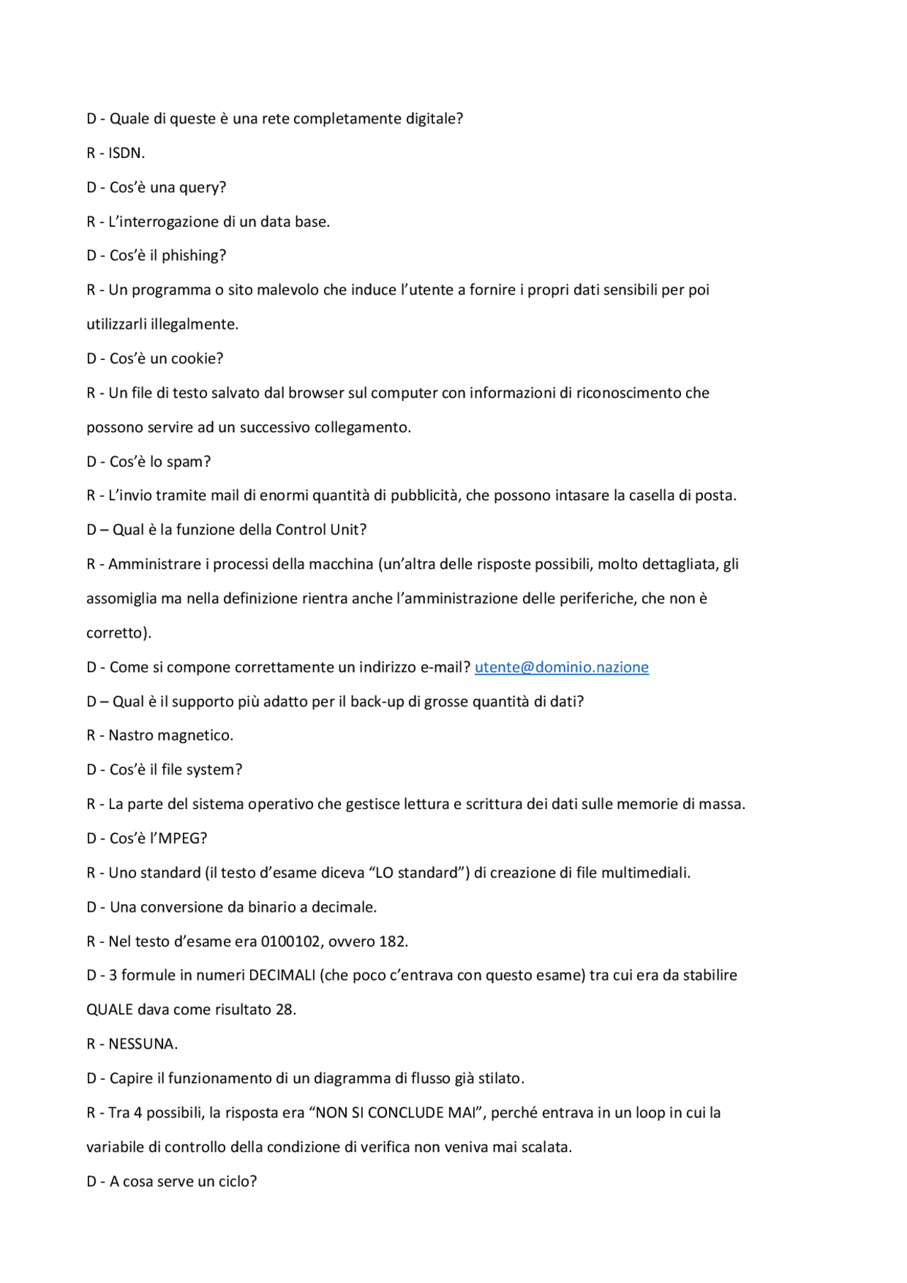 Domande e risposte informatica di base unipegaso giurisprudenza | Prove d'esame di Elementi di ...