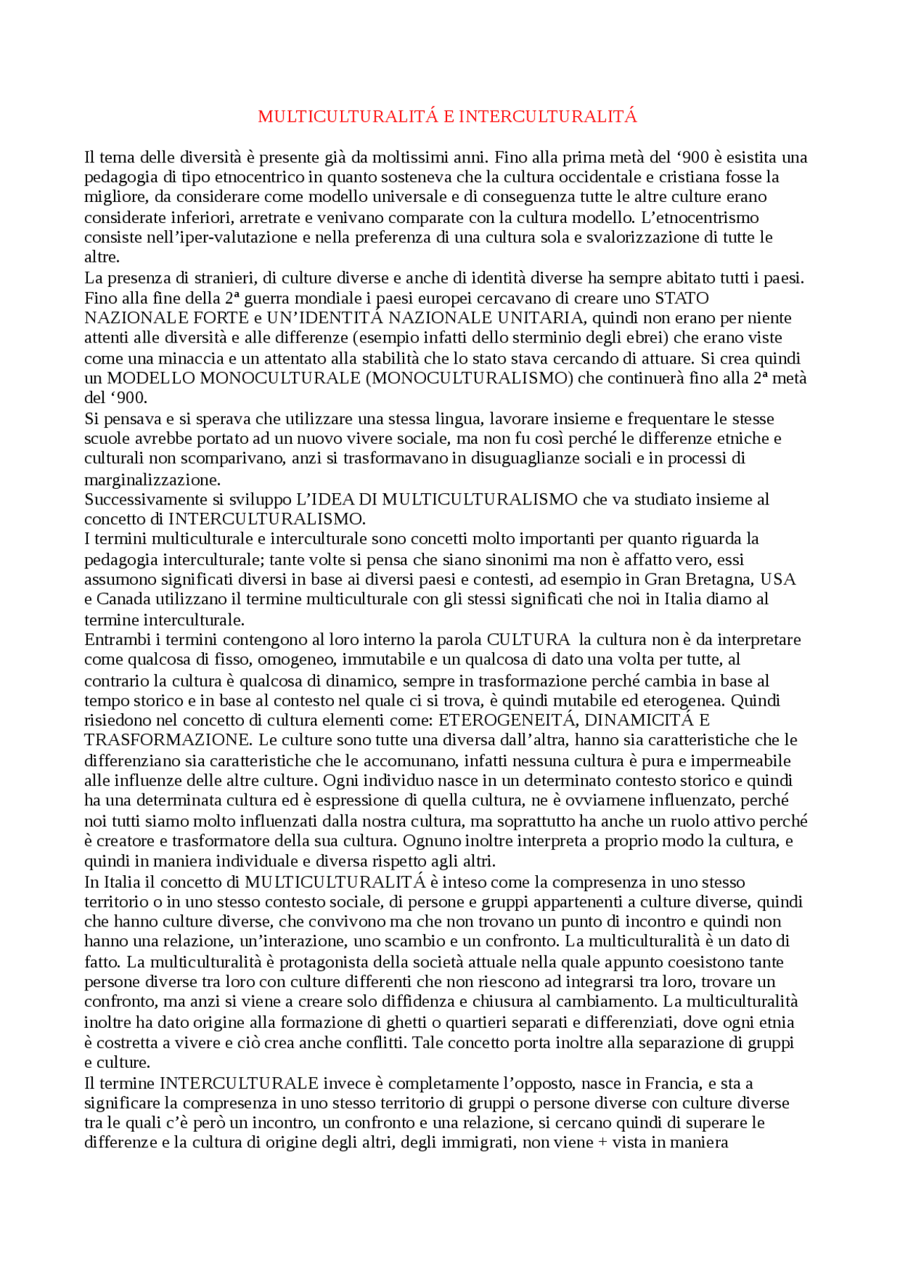 Multiculturalità E Interculturalità Appunti Di Pedagogia Docsity
