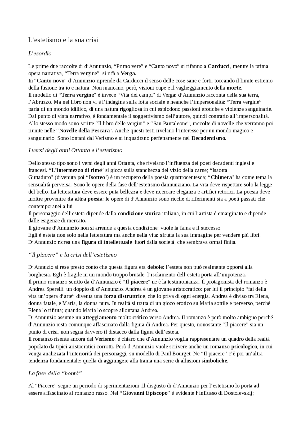 Riassunto Dettagliato Dannunzio Docsity