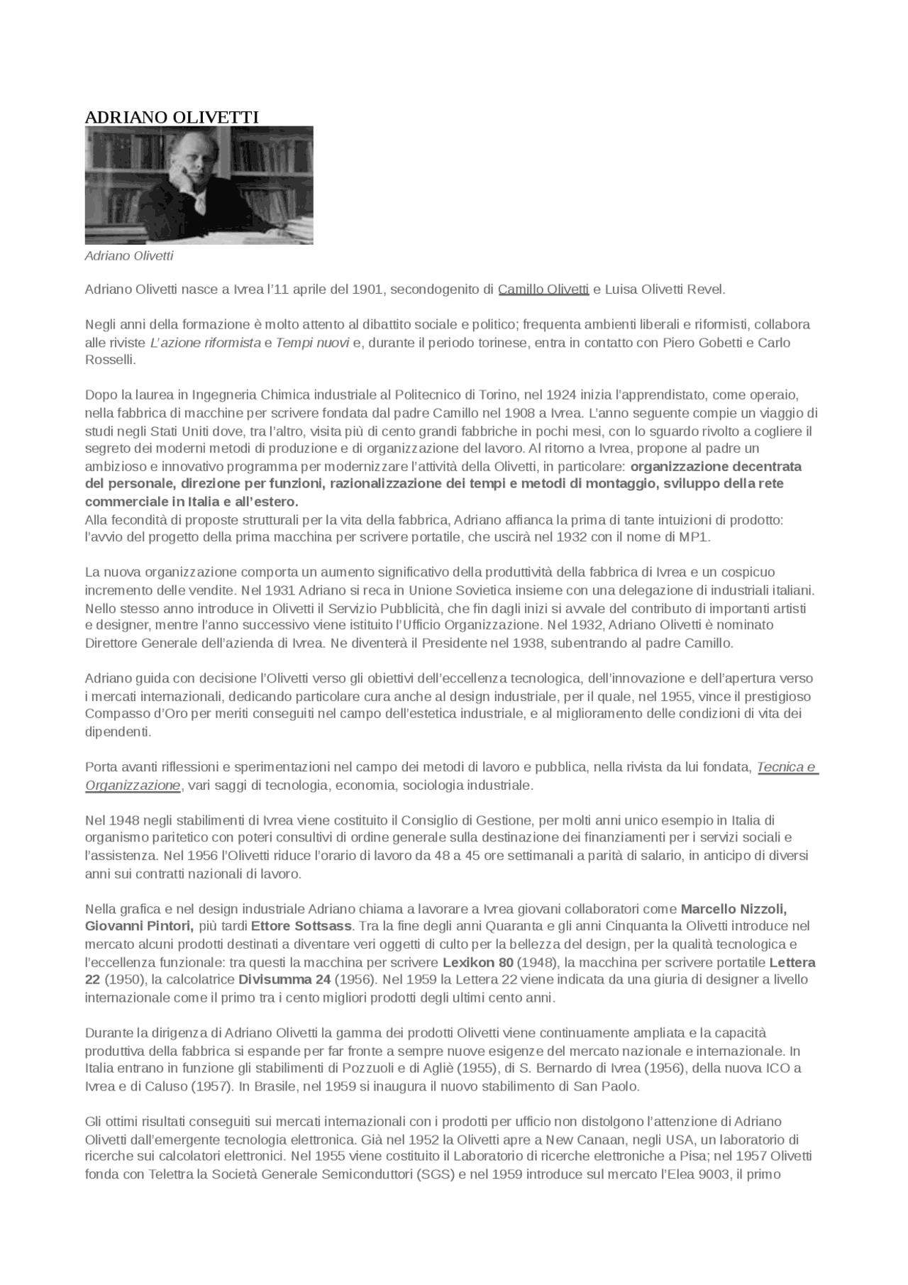 Storia Di Adriano Olivetti Docsity