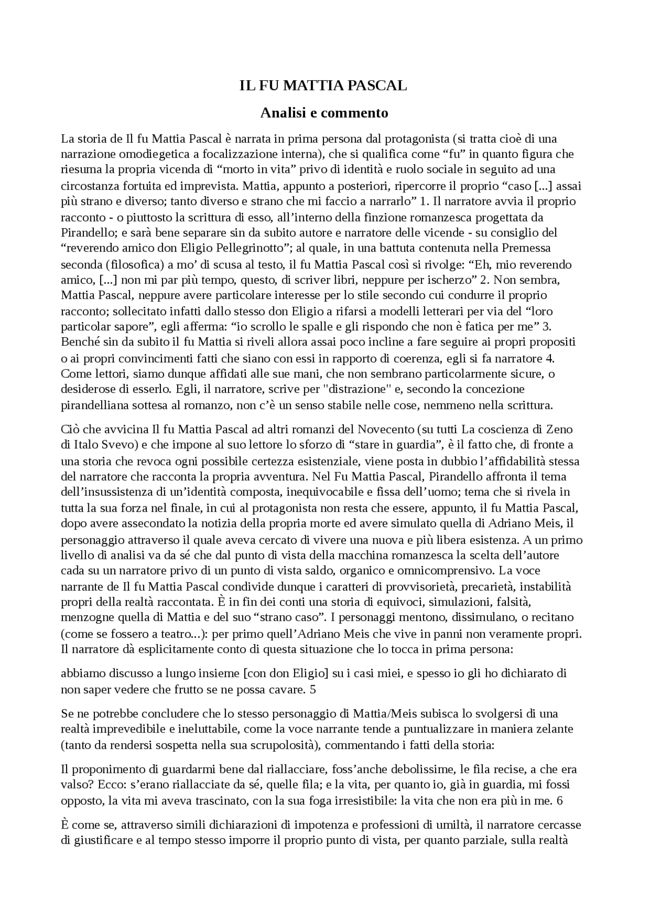 Commento Il Fu Mattia Pascal Appunti Di Letteratura Docsity
