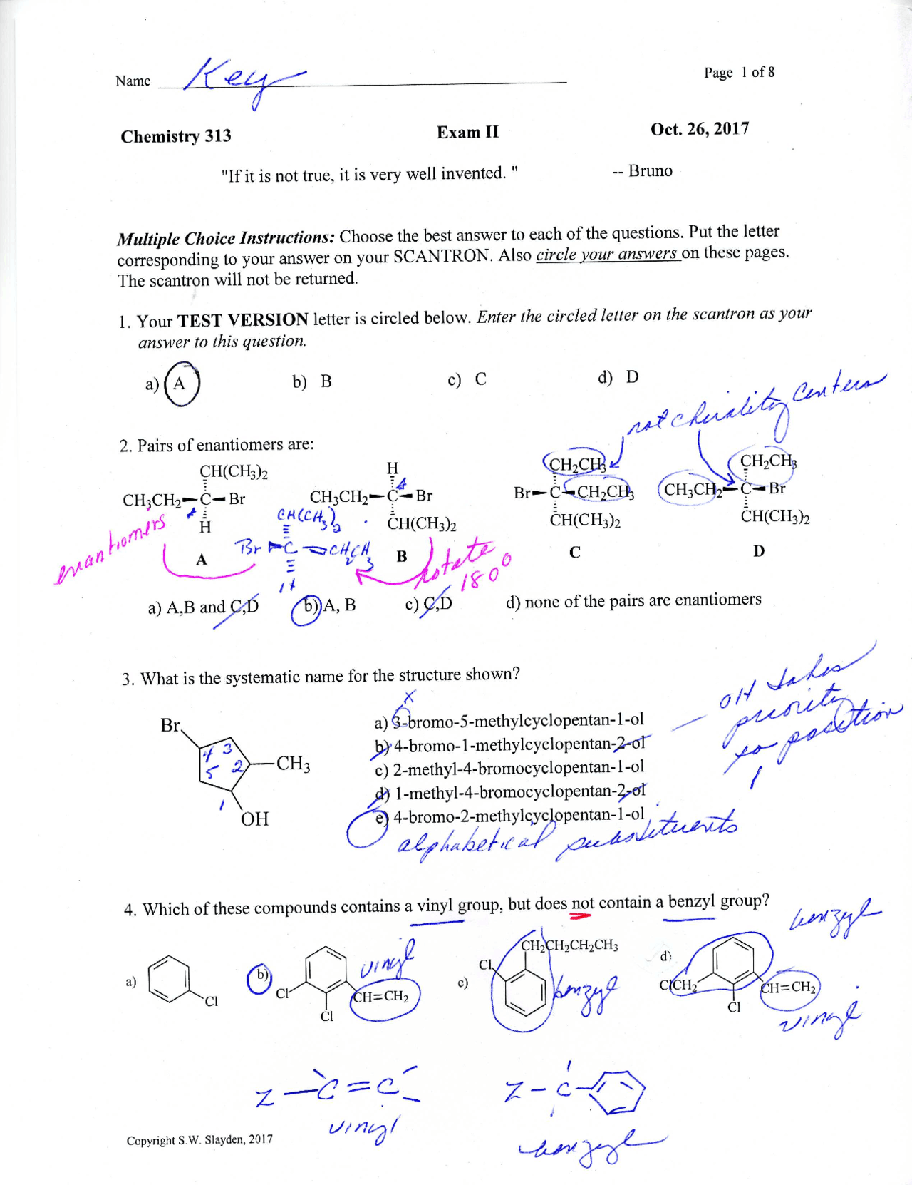 Exam 2 With Answer Key Organic Chemistry I Chem 313 Docsity