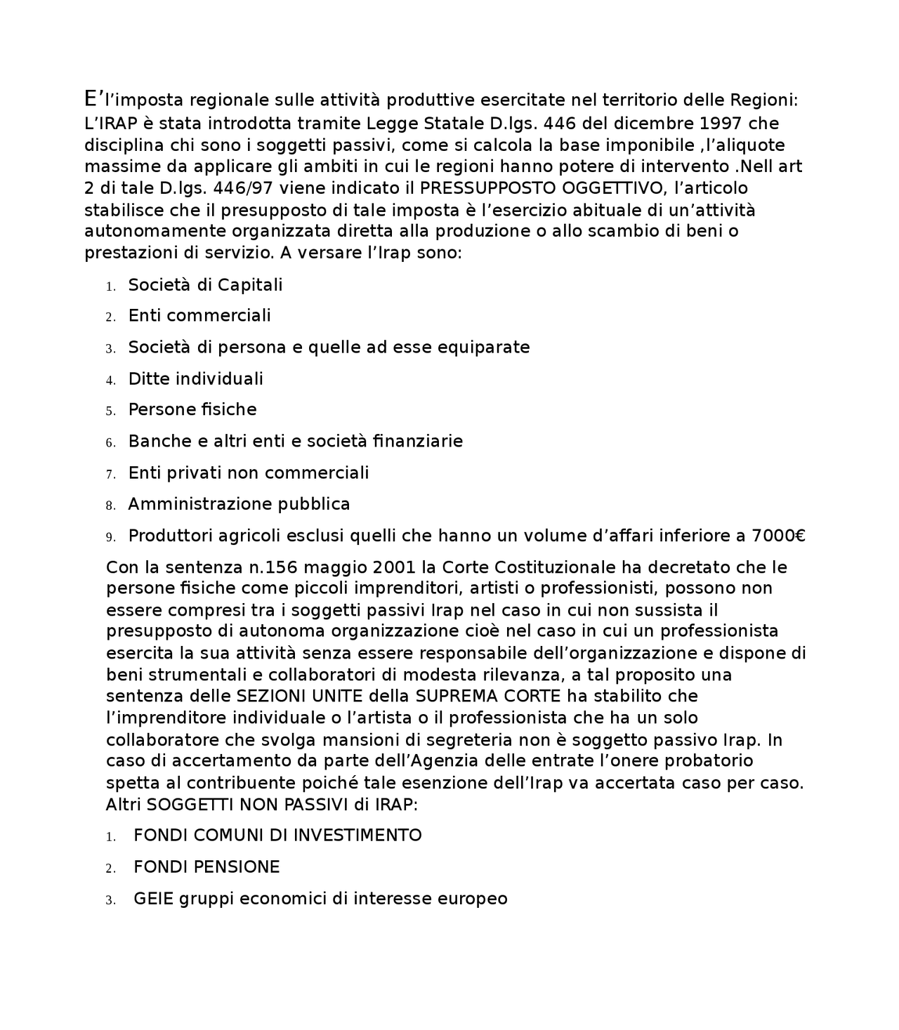 Irap Sintesi E Approfondimenti Docsity