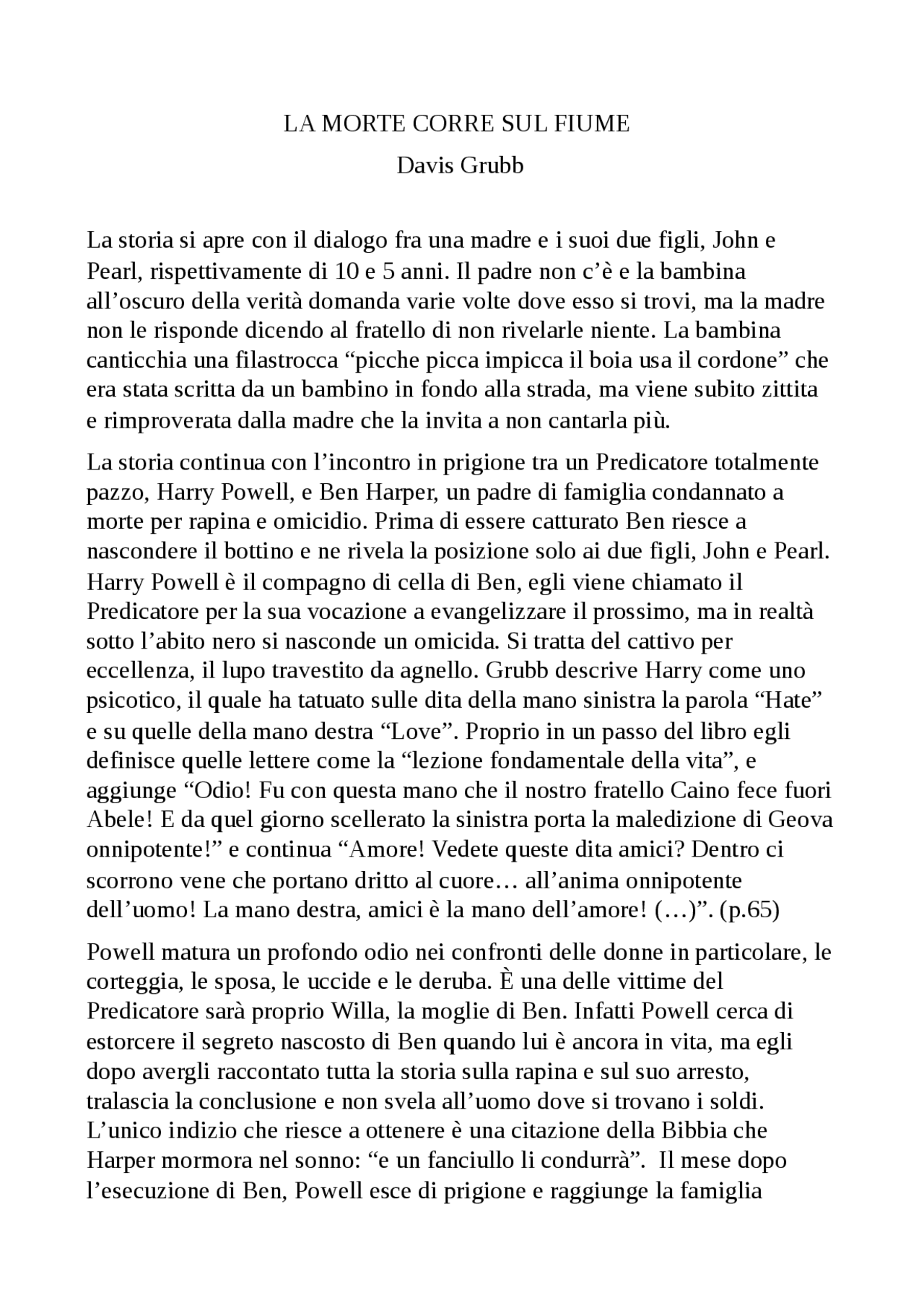 Riassunto La Morte Corre Sul Fiume Davis Grubb Docsity