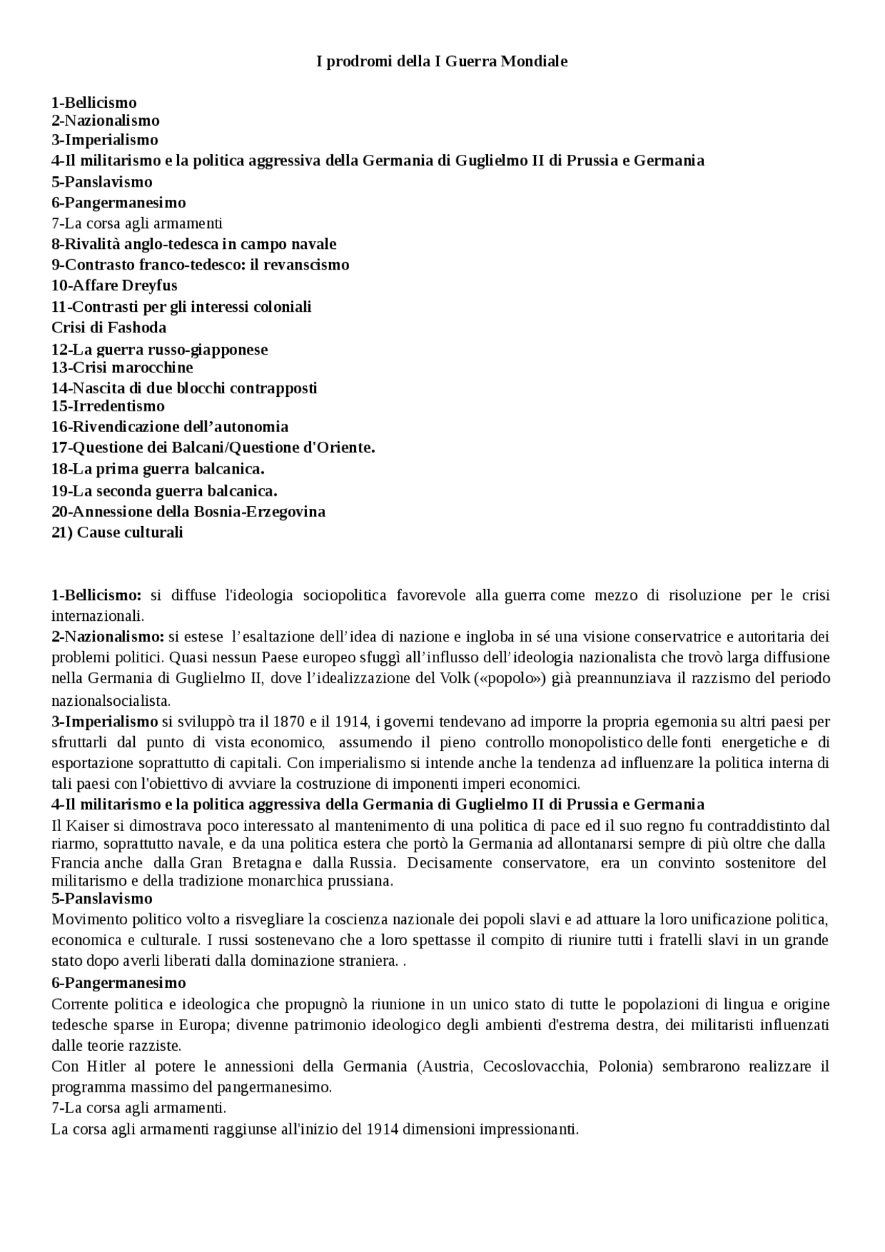 I prodromi della prima guerra mondiale - Docsity