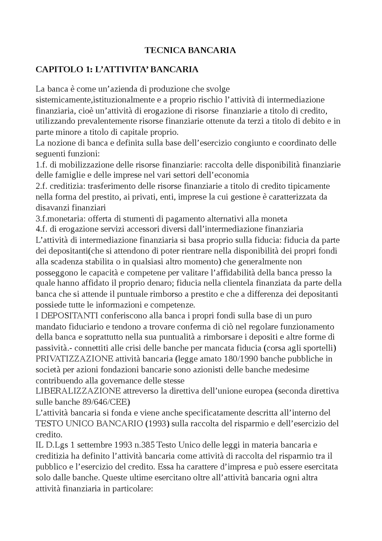 Riassunti Tecnica Bancaria Ruozi Docsity
