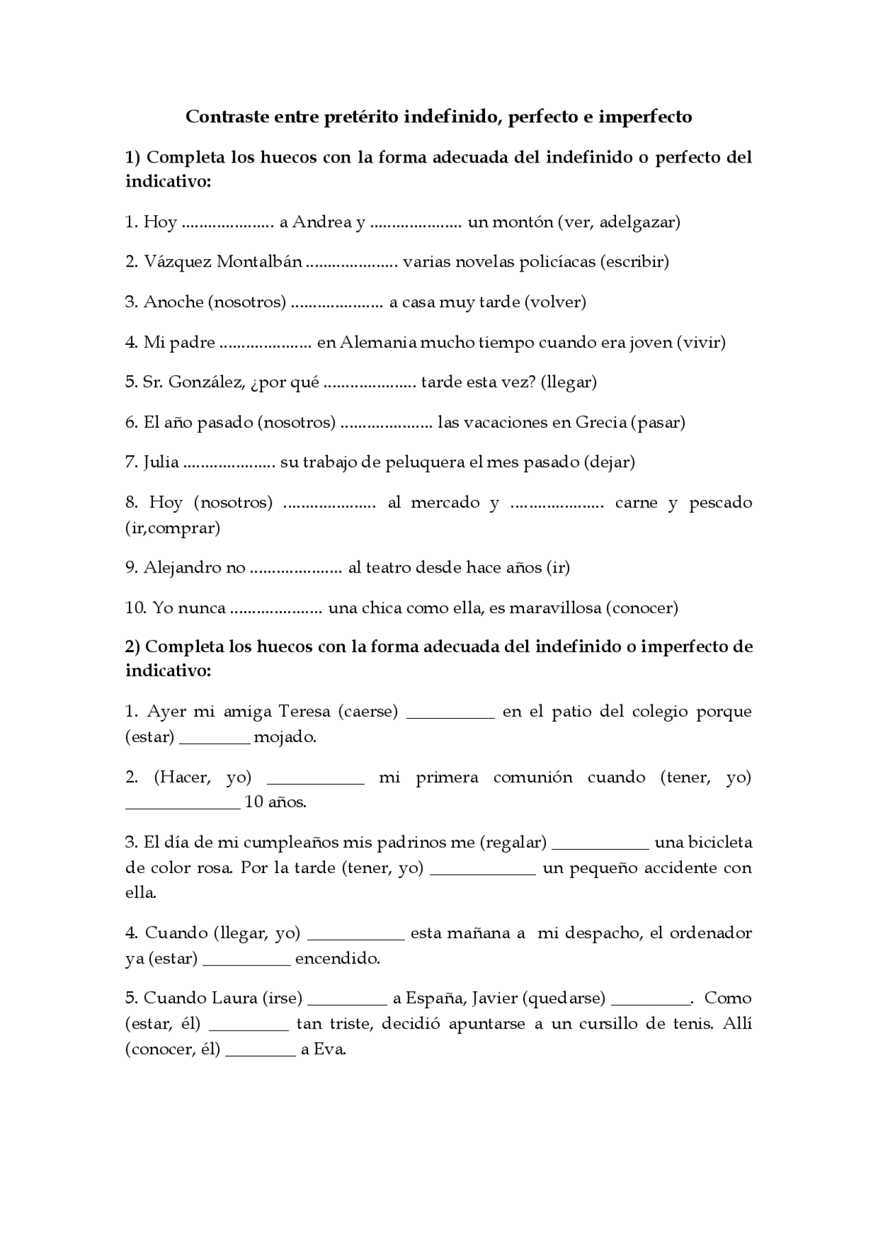 Ejercicios de pasados español | Esercizi di Lingua Spagnola | Docsity