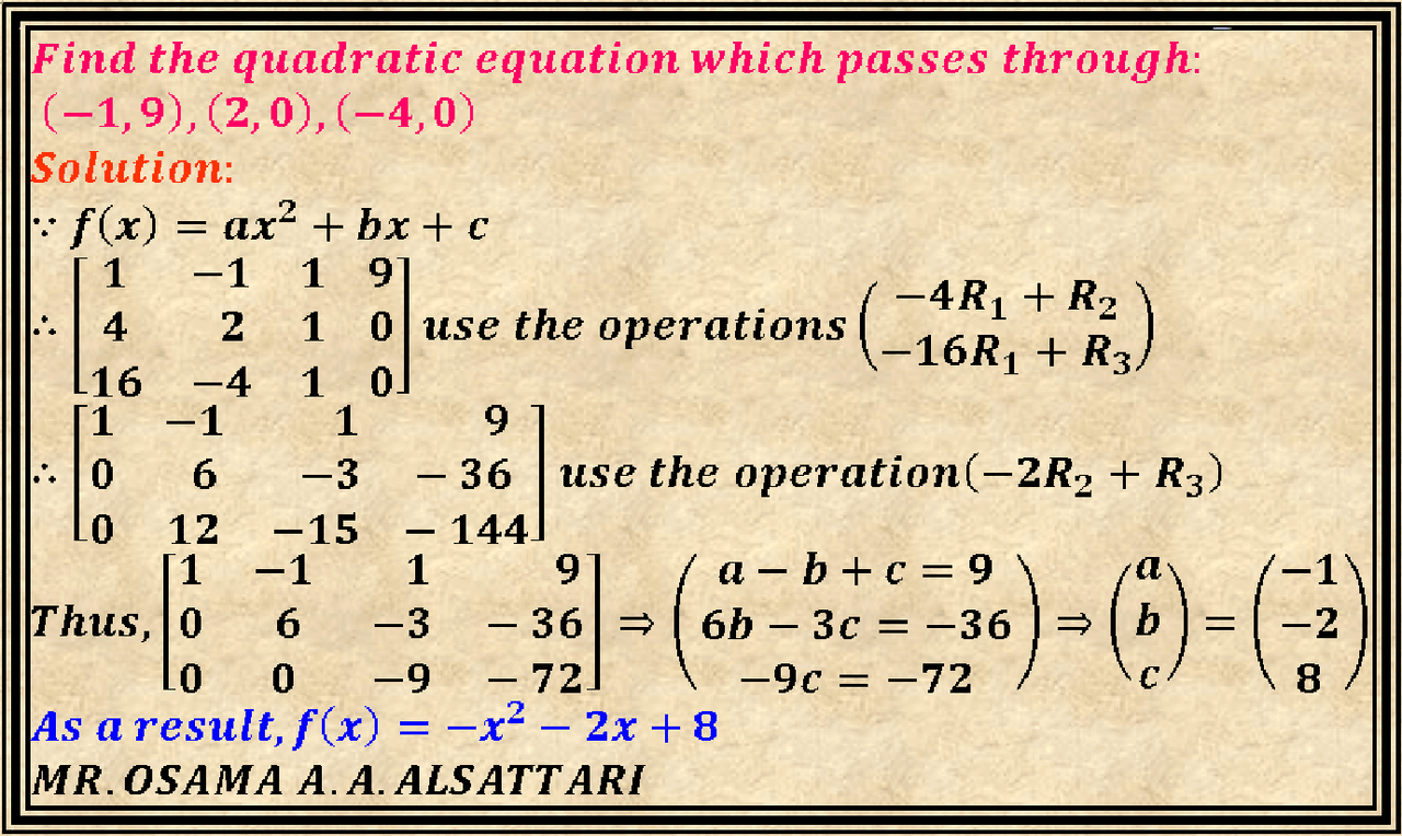 Computing the coefficients of a quadratic equation passes through three ...