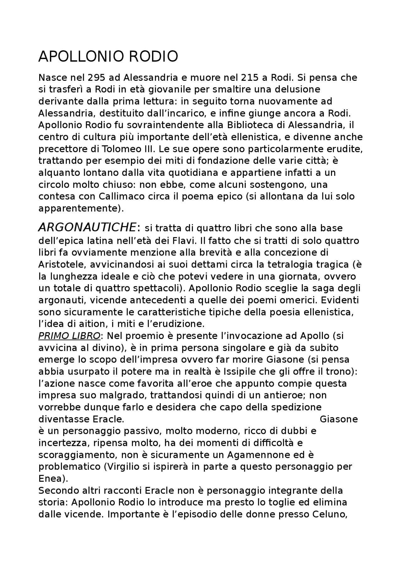 Apollonio rodio e le argonautiche - Docsity