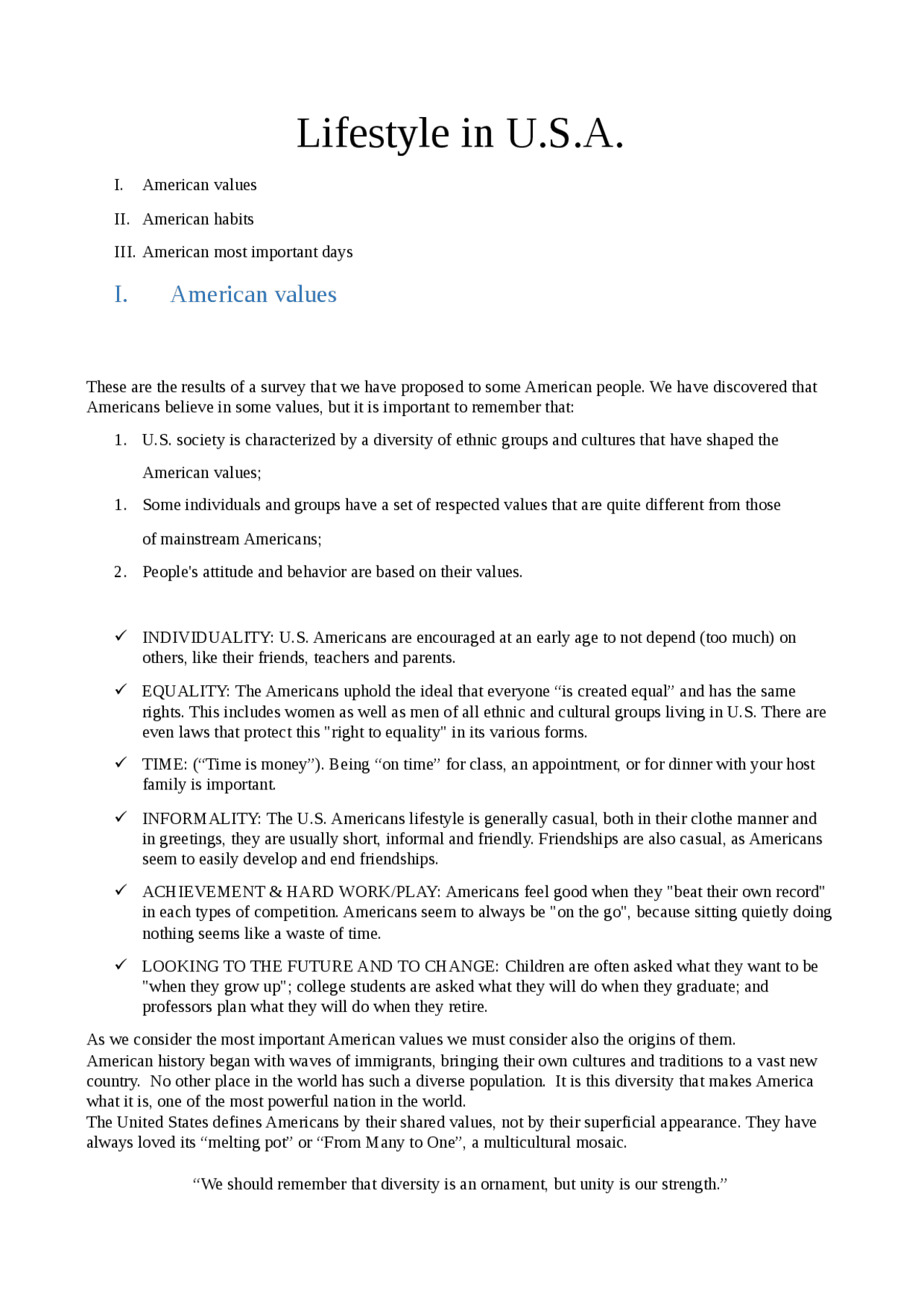 American habits and values - Docsity