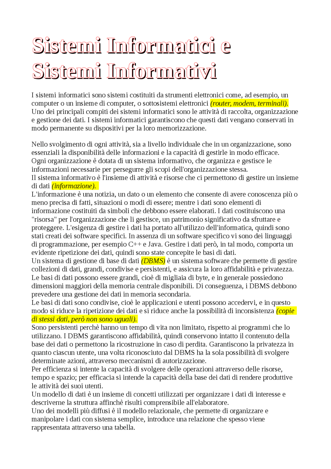 Informatica Sistemi Informatici E Sistemi Informativi Docsity