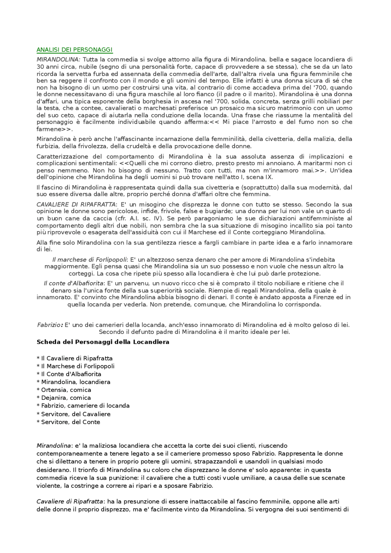 Riassunto Della Locandiera Docsity