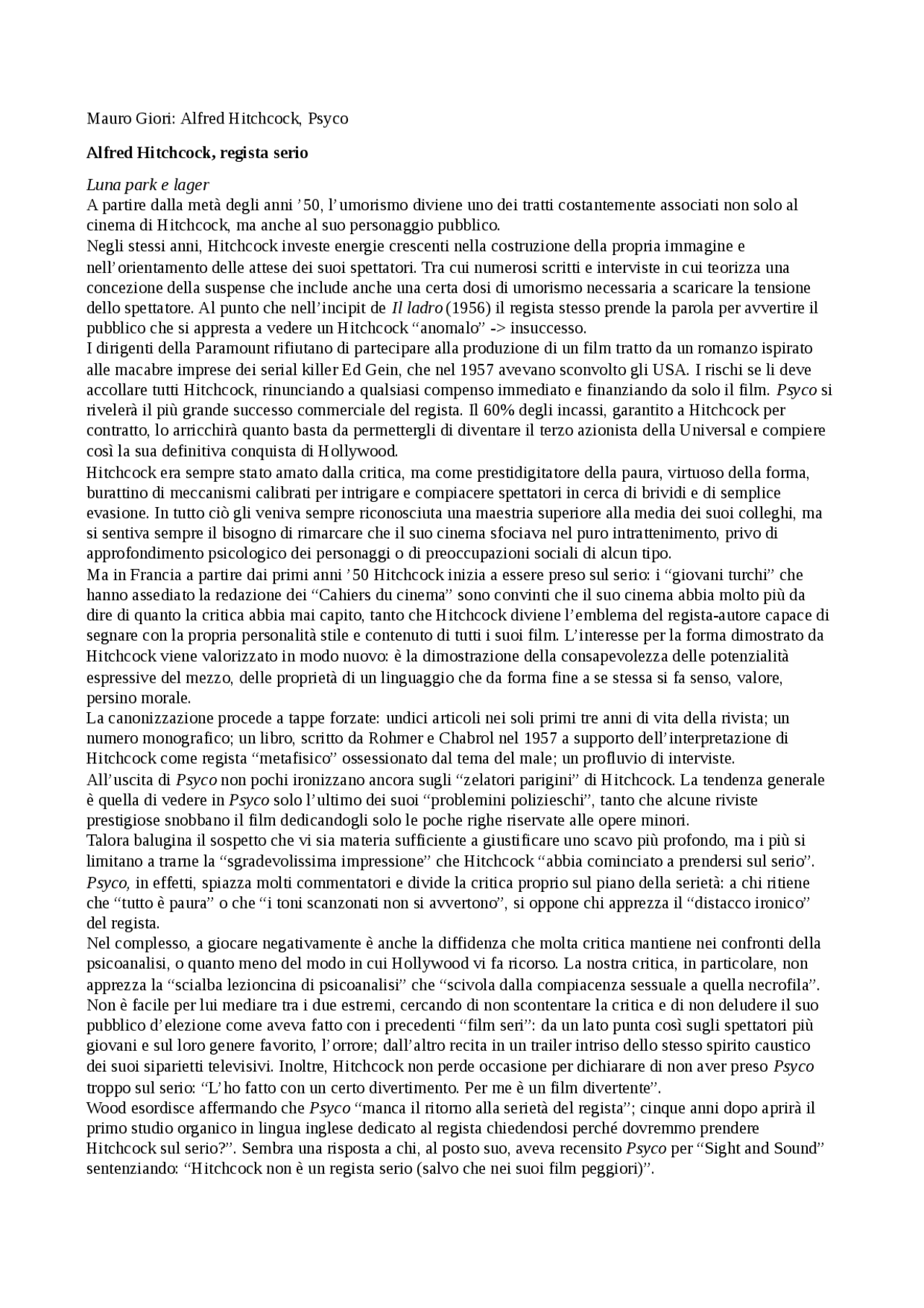 Riassunto Mauro Giori Alfred Hitchcock Psyco Docsity