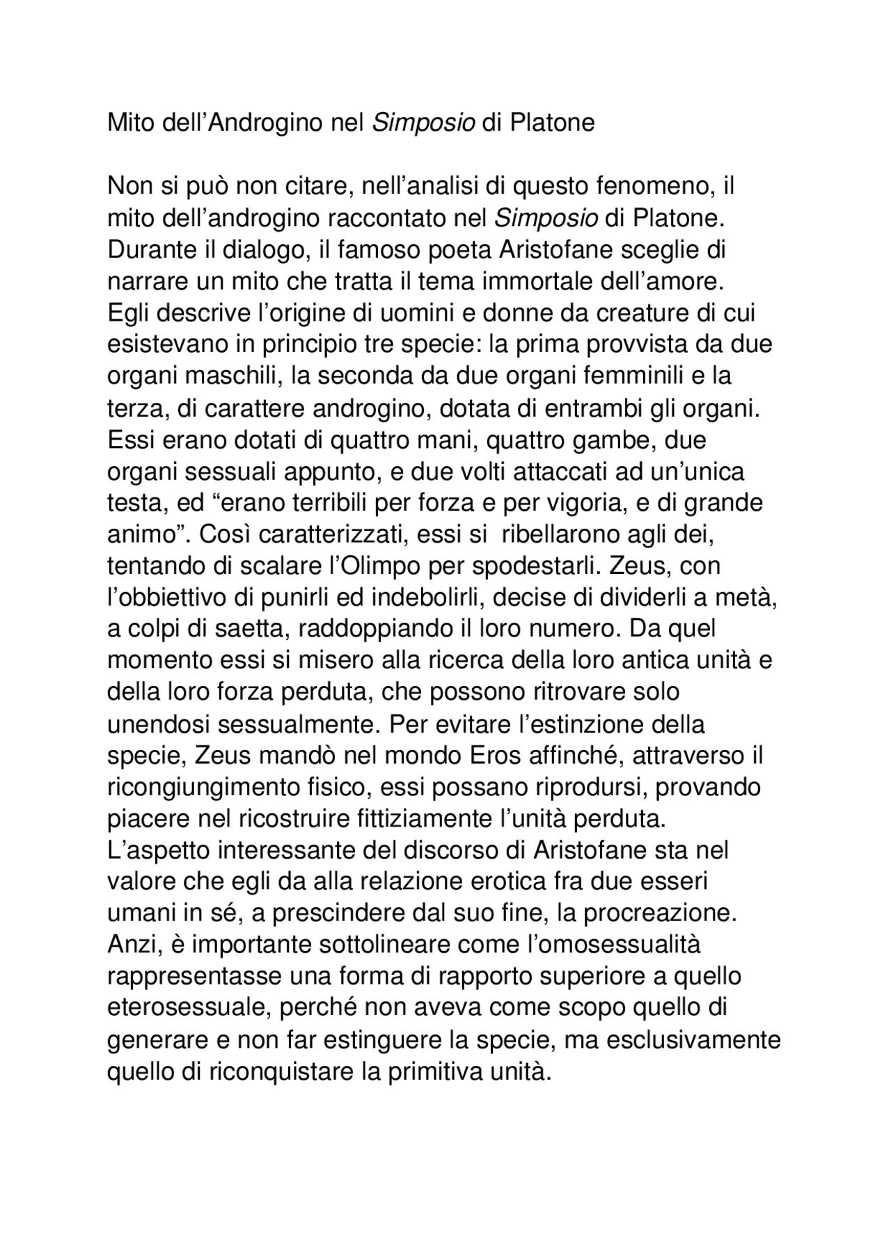 Mito dell'Androgino di Platone | Sintesi del corso di Filosofia | Docsity