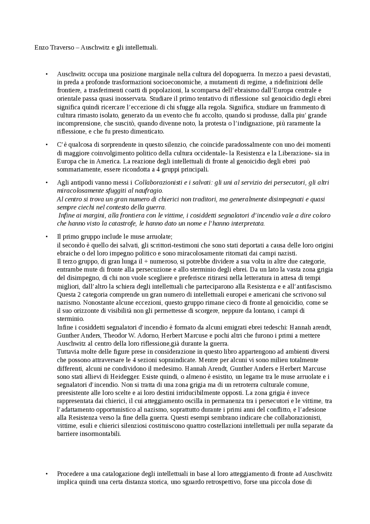 Enzo Traverso Auschwitz E Gli Intellettuali Sintesi Del Corso Di
