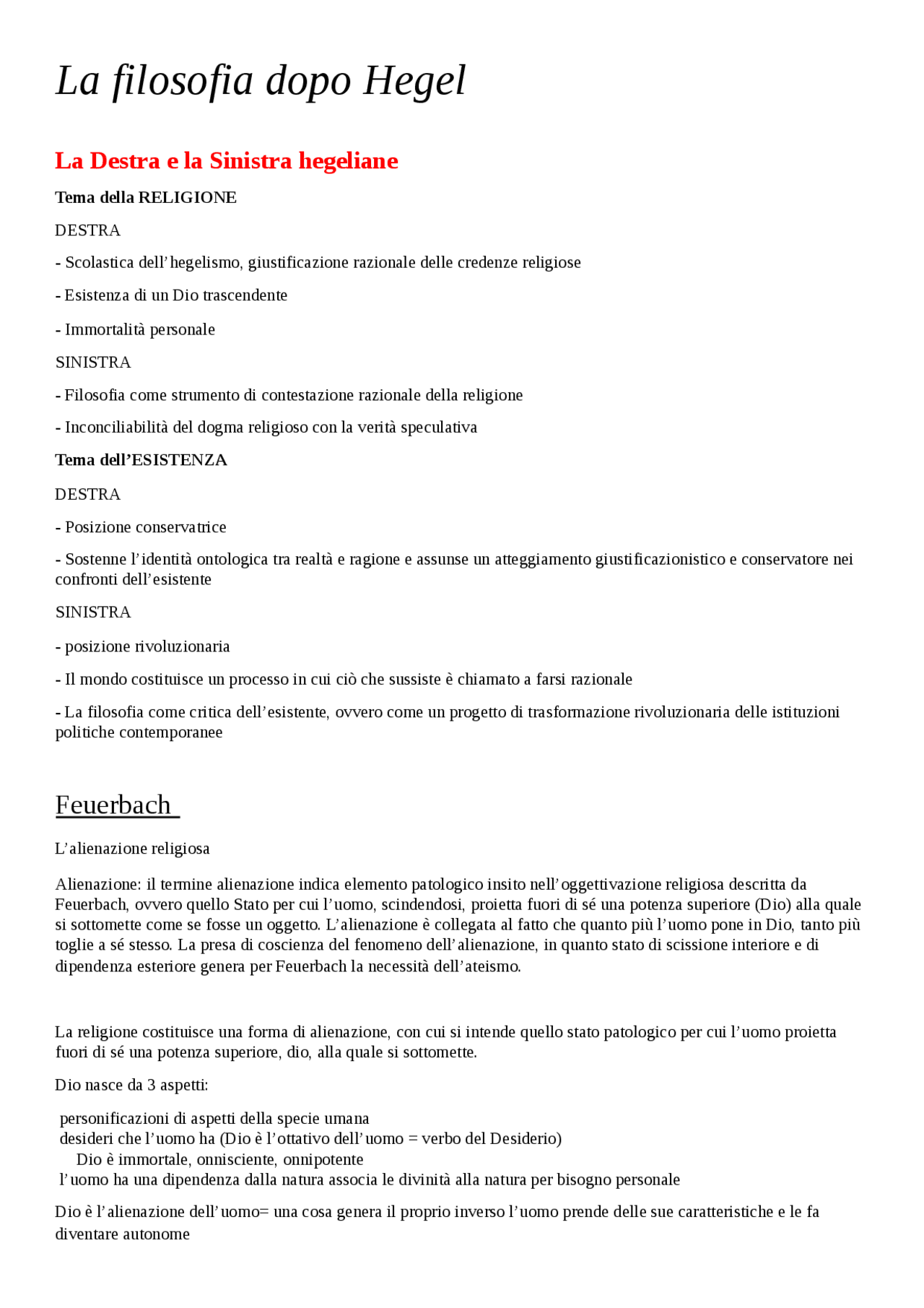 Programma esame di Maturità: dalla destra e sinistra hegeliane al secondo dopoguerra - Docsity