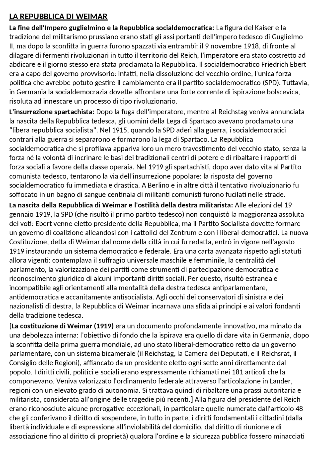 La Repubblica Di Weimar Appunti Di Storia Docsity