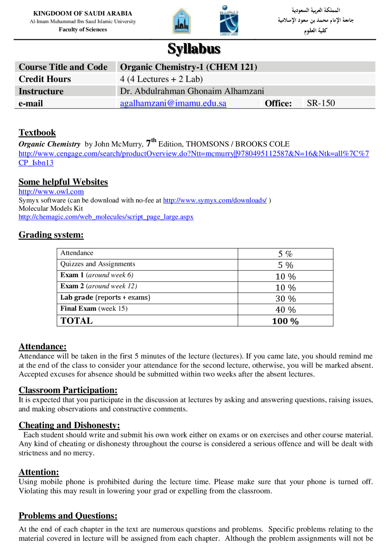 Organic Chemistry 1 Syllabus Docsity