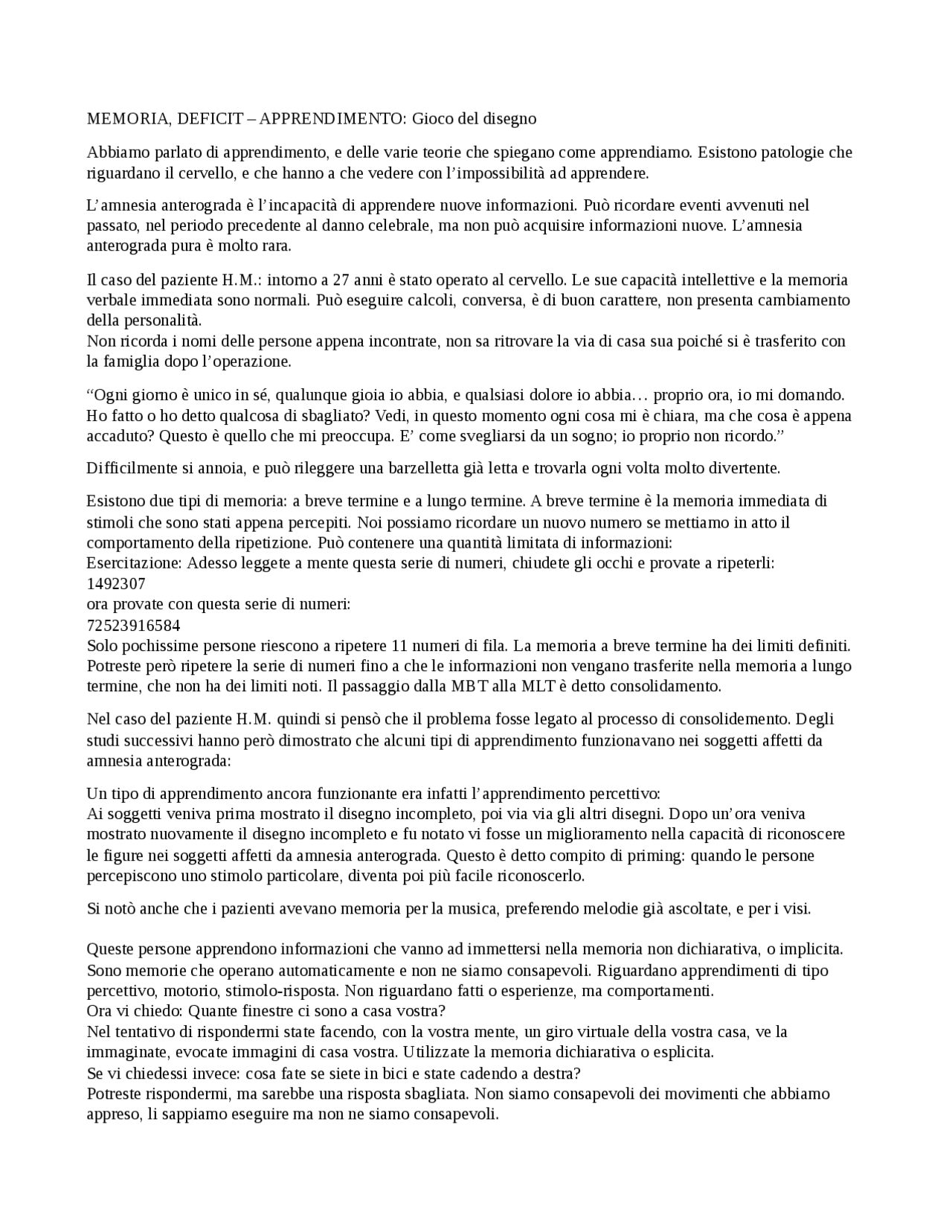 Memoria e deficit della memoria | Apuntes de Psicología | Docsity