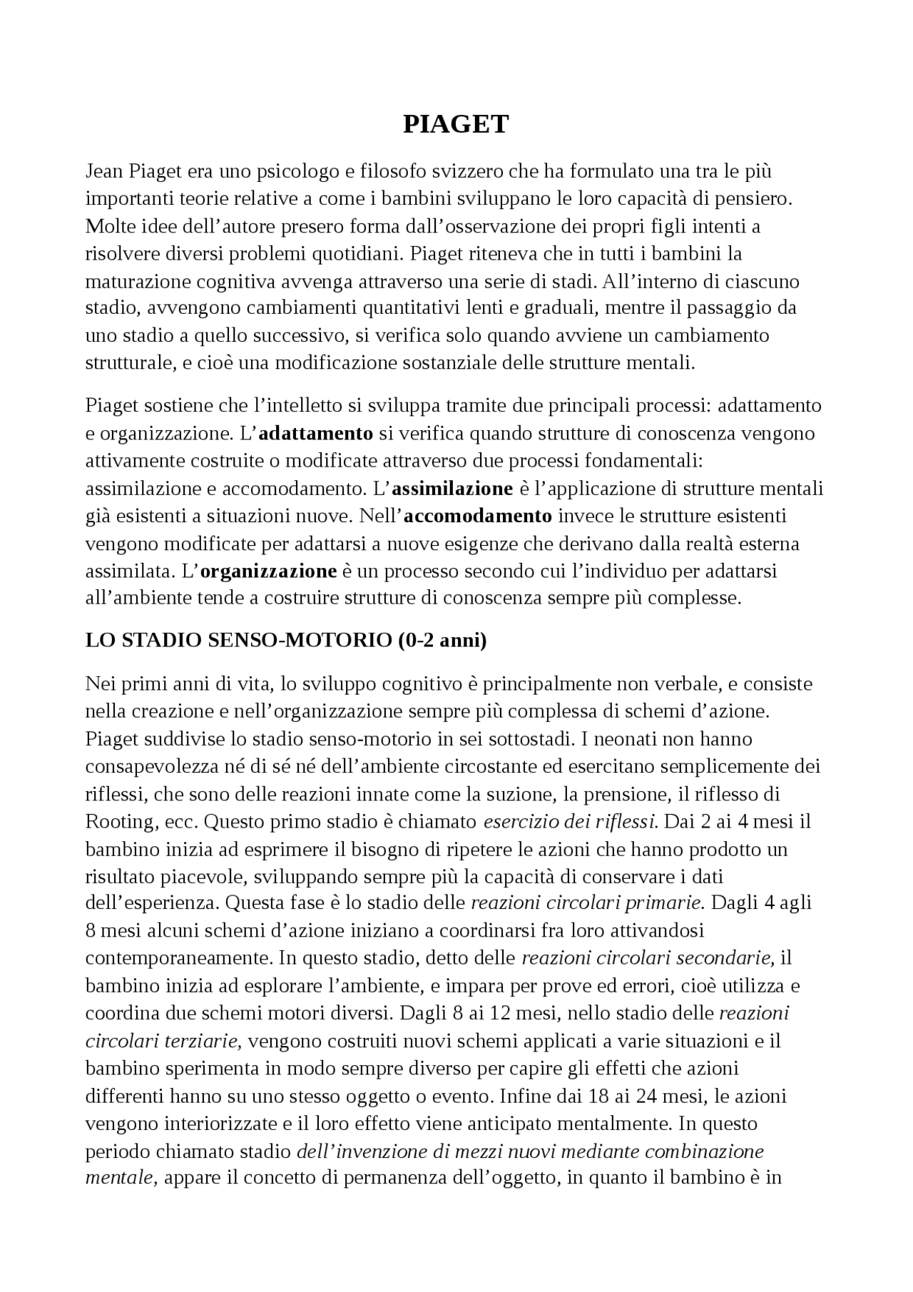 Lo Sviluppo Cognitivo Appunti Di Psicologia Dello Sviluppo Docsity