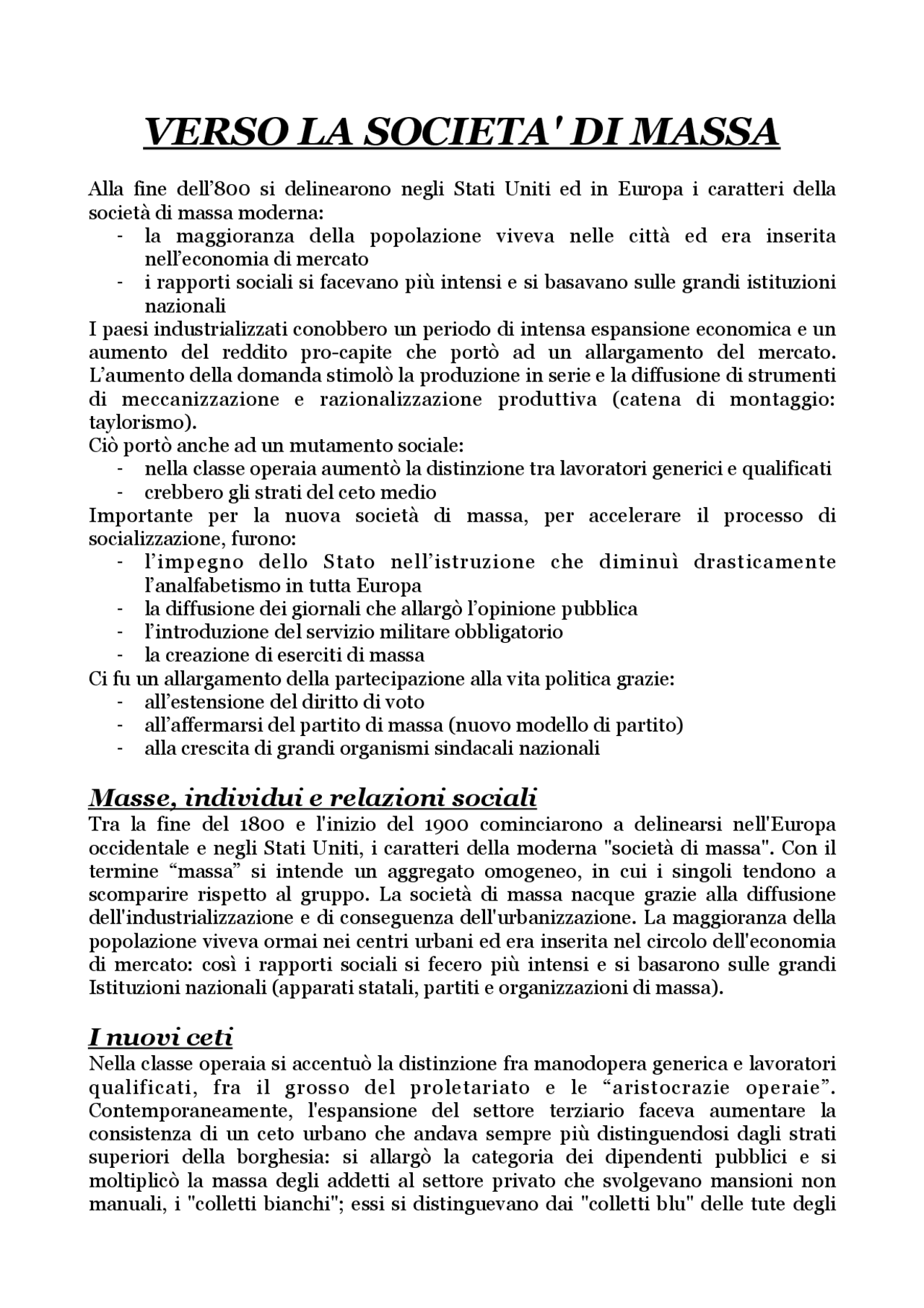 Verso La Società Di Massa Docsity