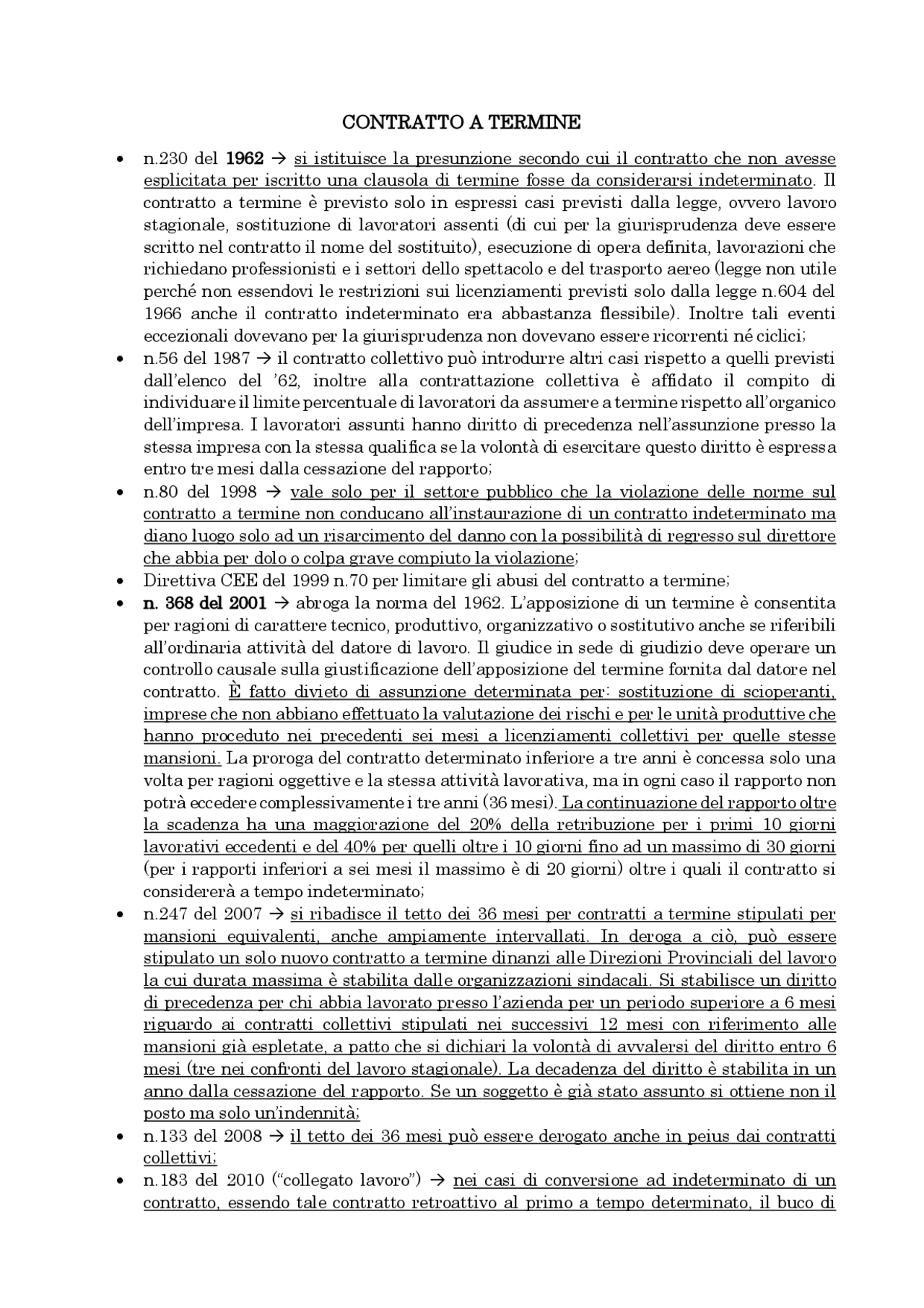 Schema riassuntivo sulla disciplina del contratto a termine - Docsity