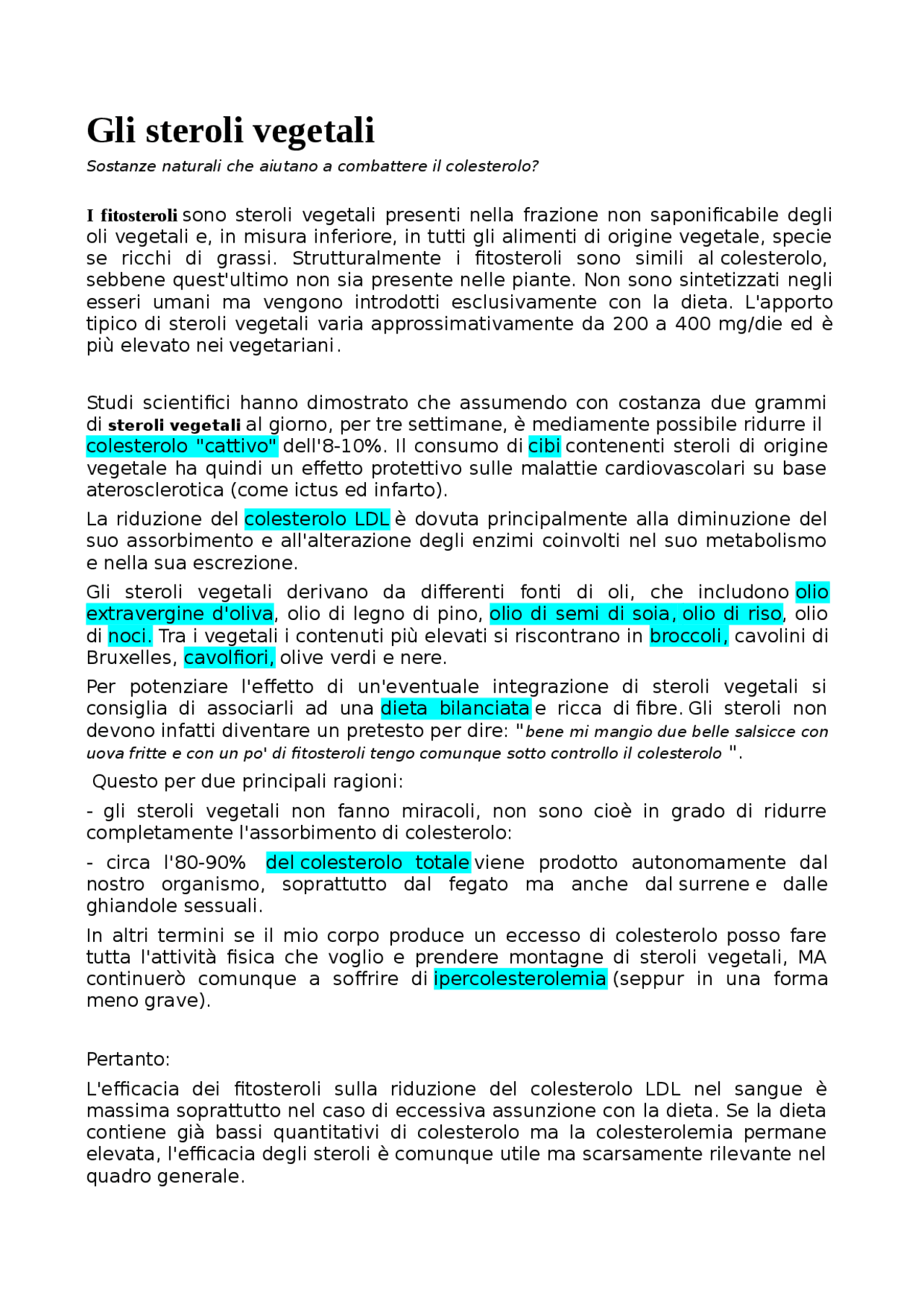 Steroli vegetali ... - Docsity