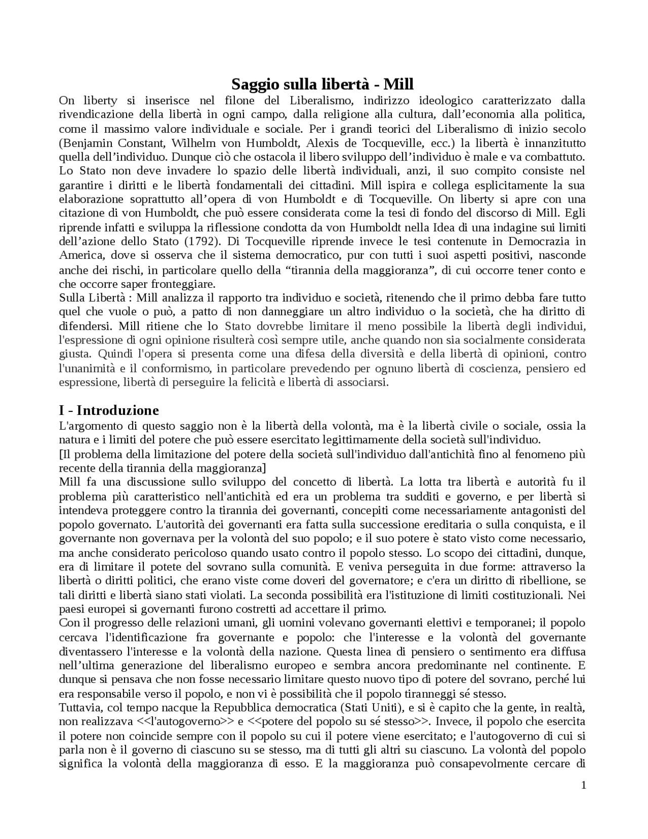 Saggio Sulla Libertà Mill Docsity