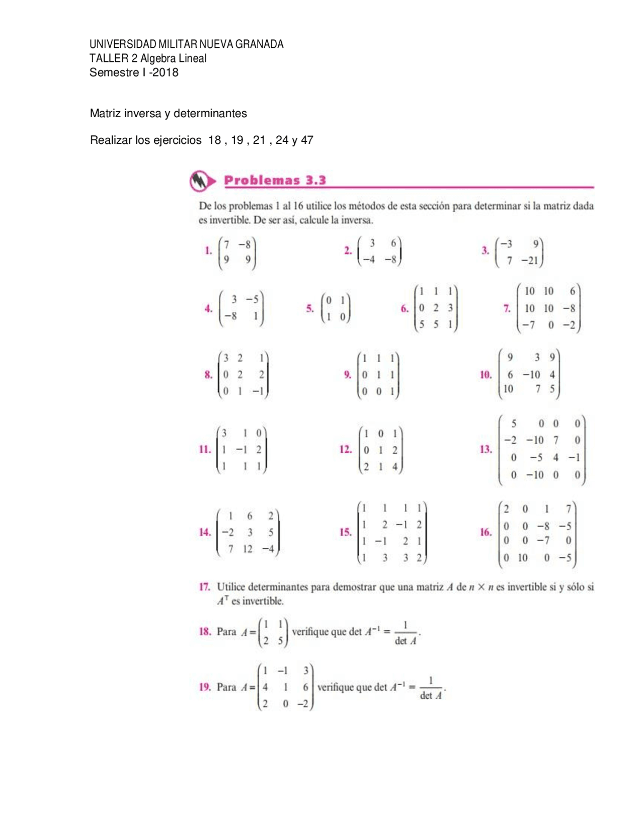 Algebra Lineal Ejercicios Para Resolver Docsity