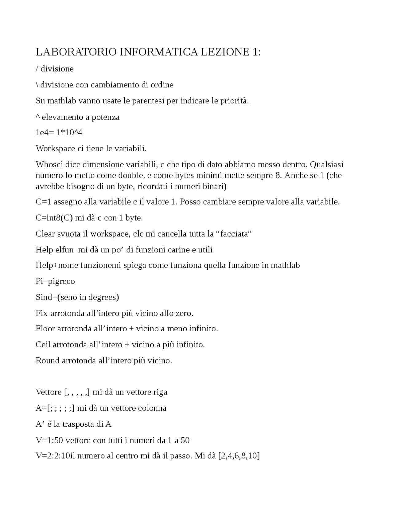 Matlab Comandi Principali Appunti Di Elementi Di Informatica Docsity