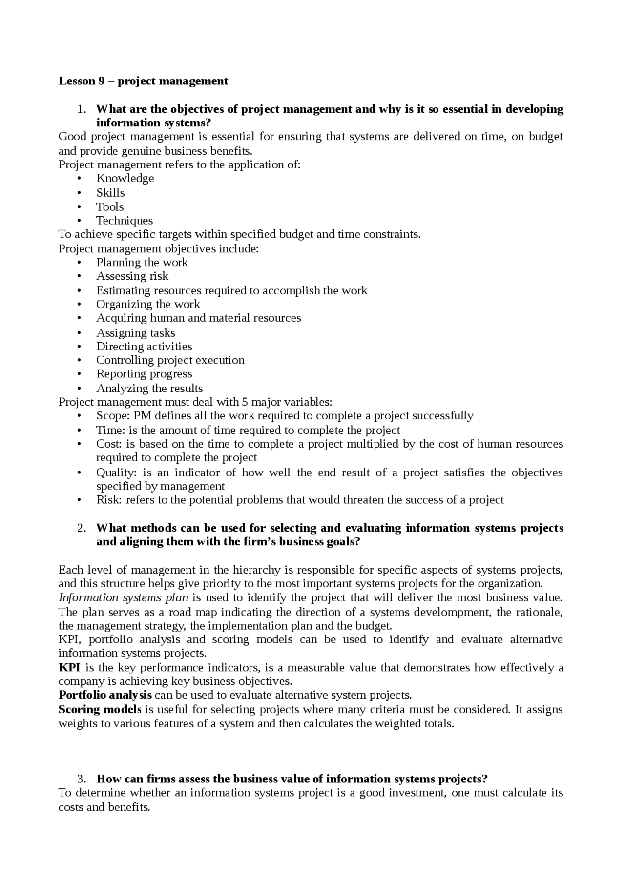 Risposte Lesson 9 Project Management Docsity