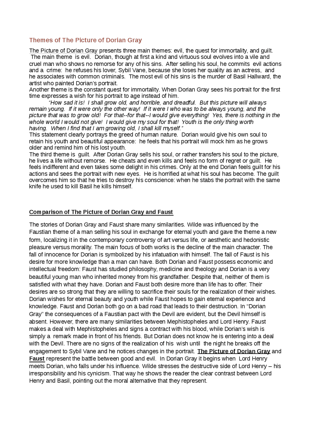 Themes Of The Picture Of Dorian Gray Docsity