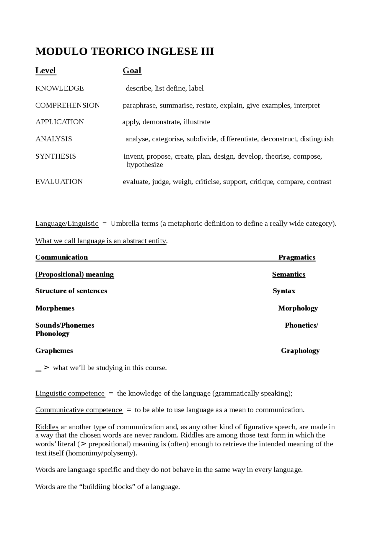 Modulo Teorico Inglese Iii Docsity