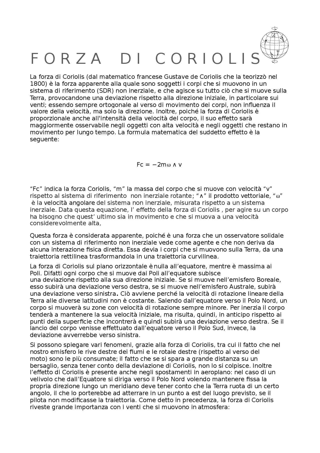 La forza di Coriolis e l' effetto farfalla - Docsity