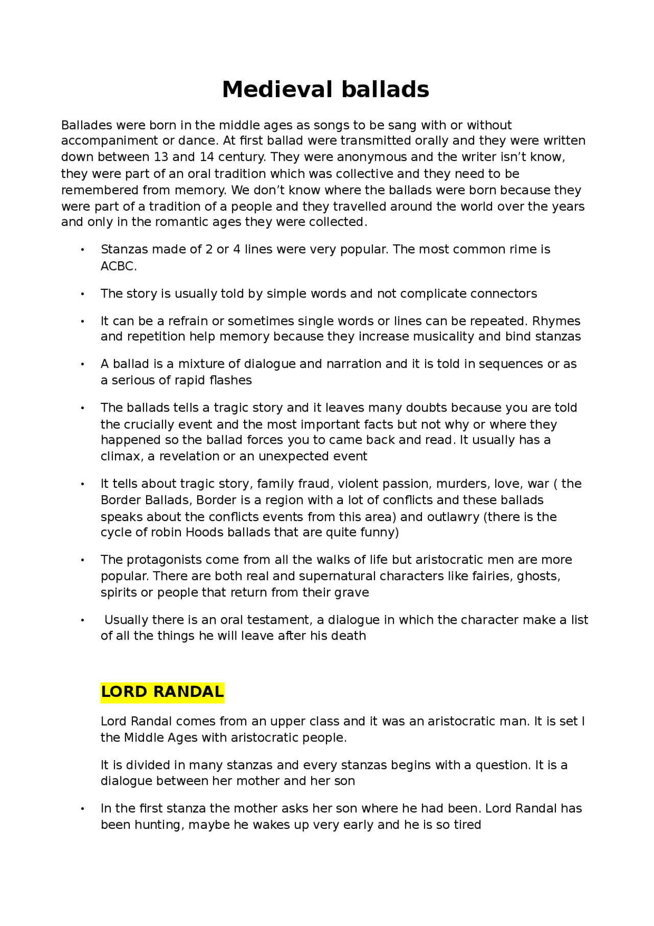 Medieval ballad: structure and anlysis - Docsity