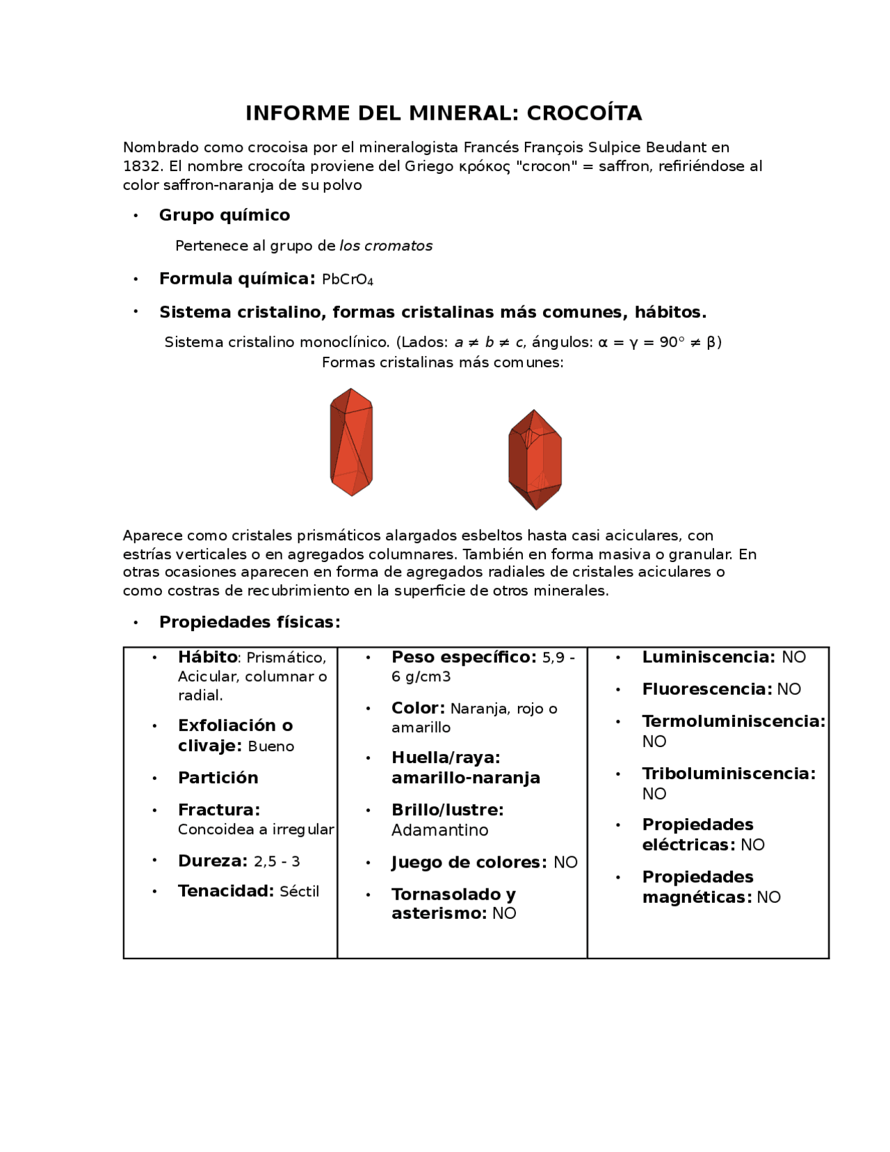 Crocoita propiedades químicas y físicas | Notes de Minéralogie et ...