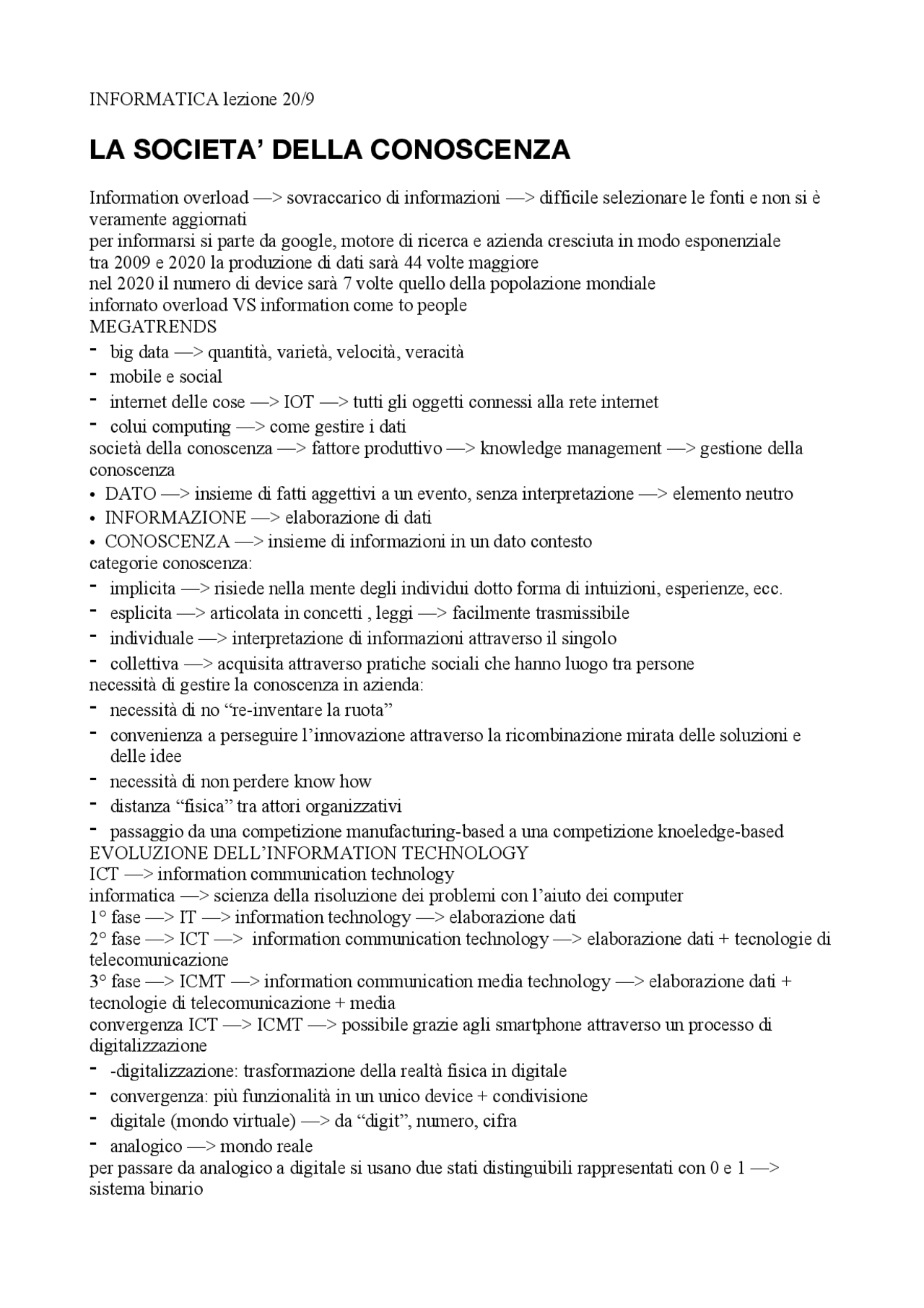 Informatica Generale La Società Della Conoscenza Docsity