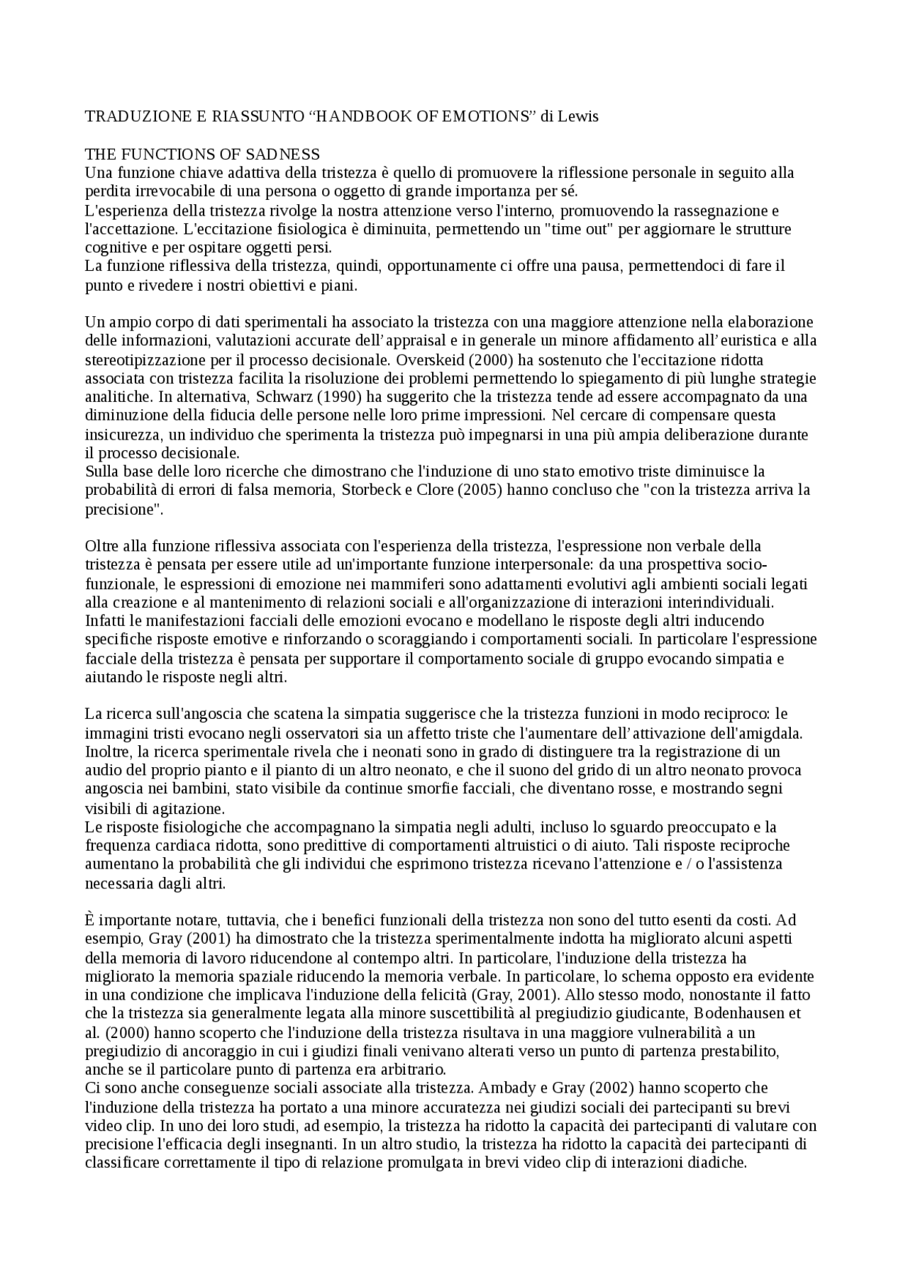 Traduzione E Riassunto De Handbook Of Emotions Di Lewis Docsity