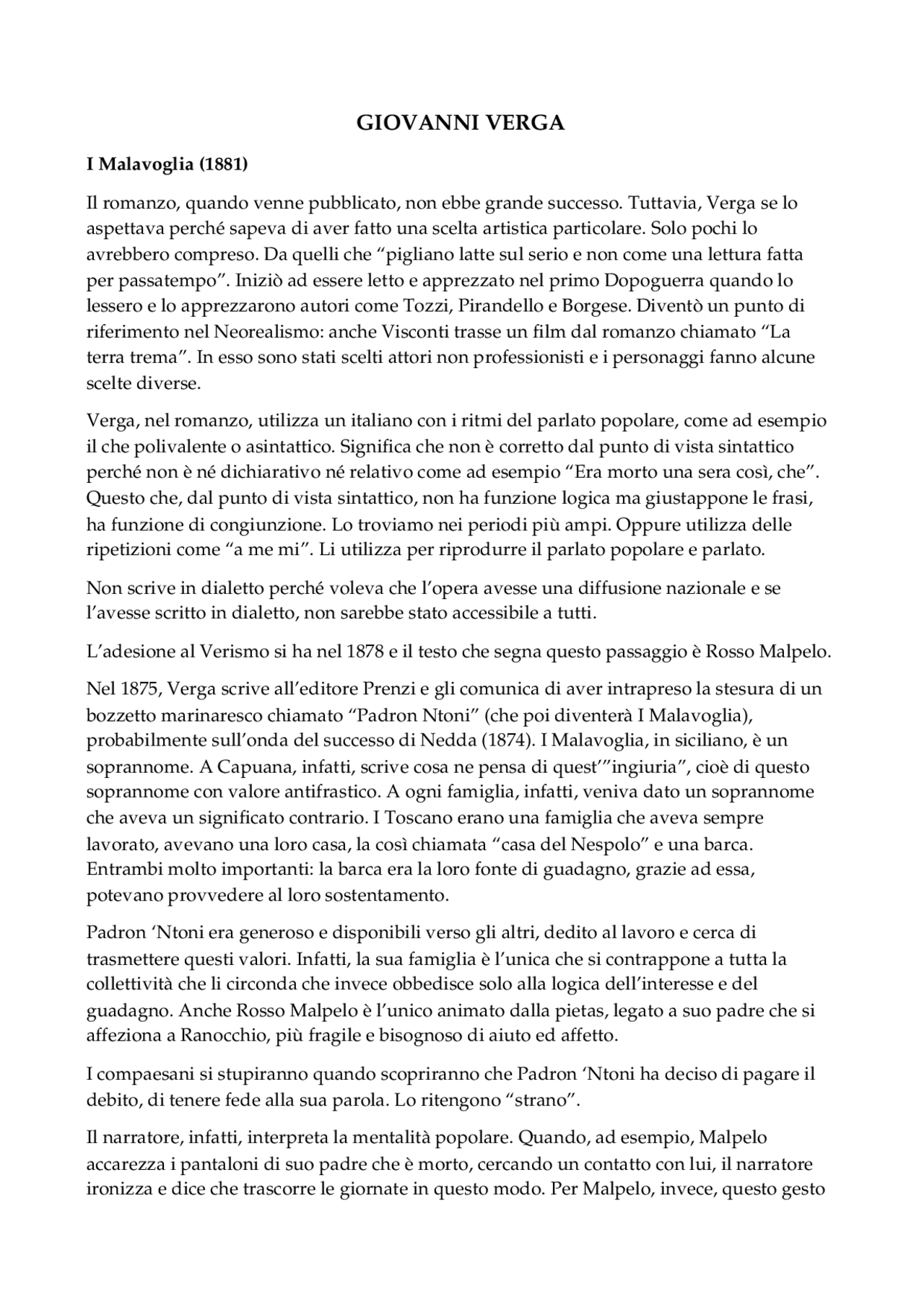 I Malavoglia Di Giovanni Verga Docsity