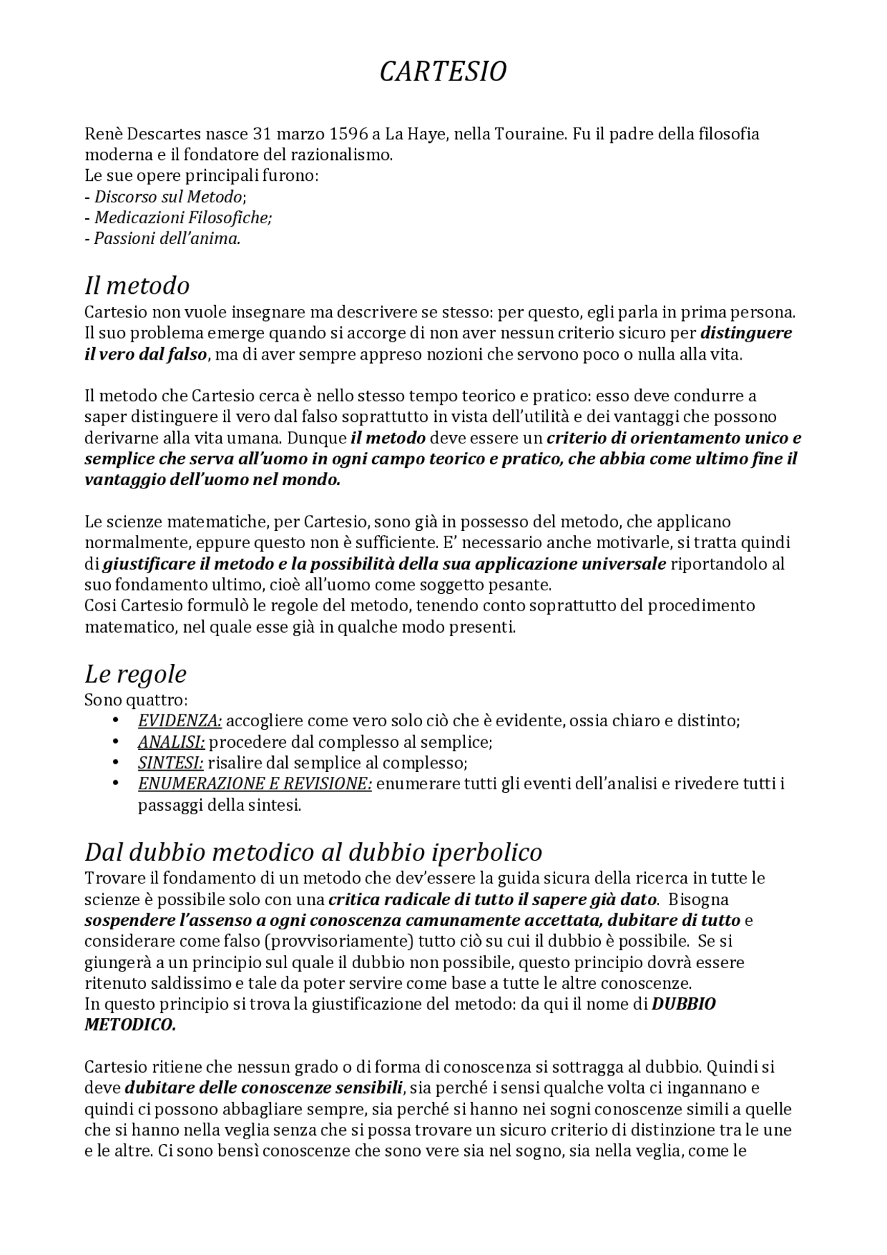 Cartesio Filosofia Appunti Docsity