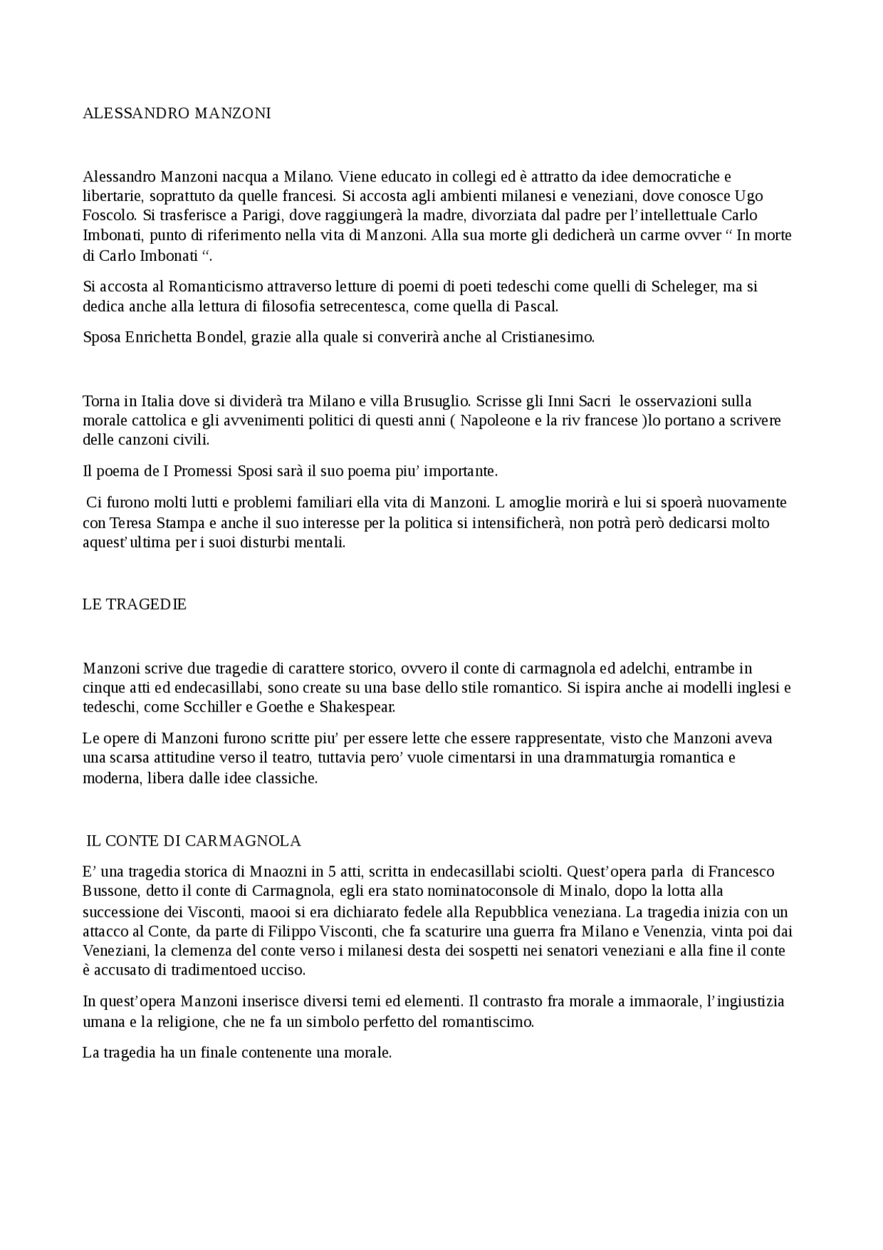 Alessandro Manzoni Riassunto Docsity